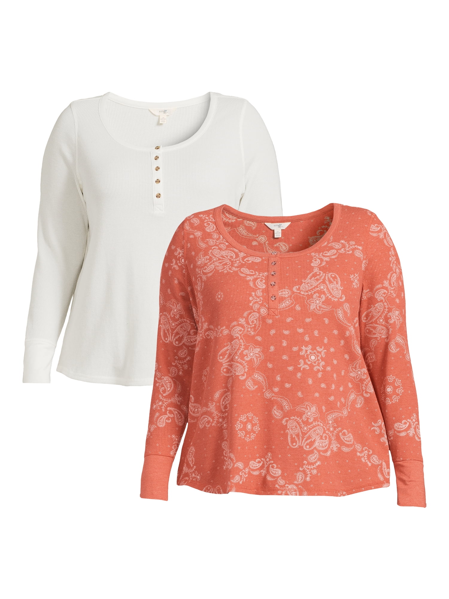 Terry & Sky Women’s Plus Size Henley Waffle Tee with Long Sleeves, 2 ...