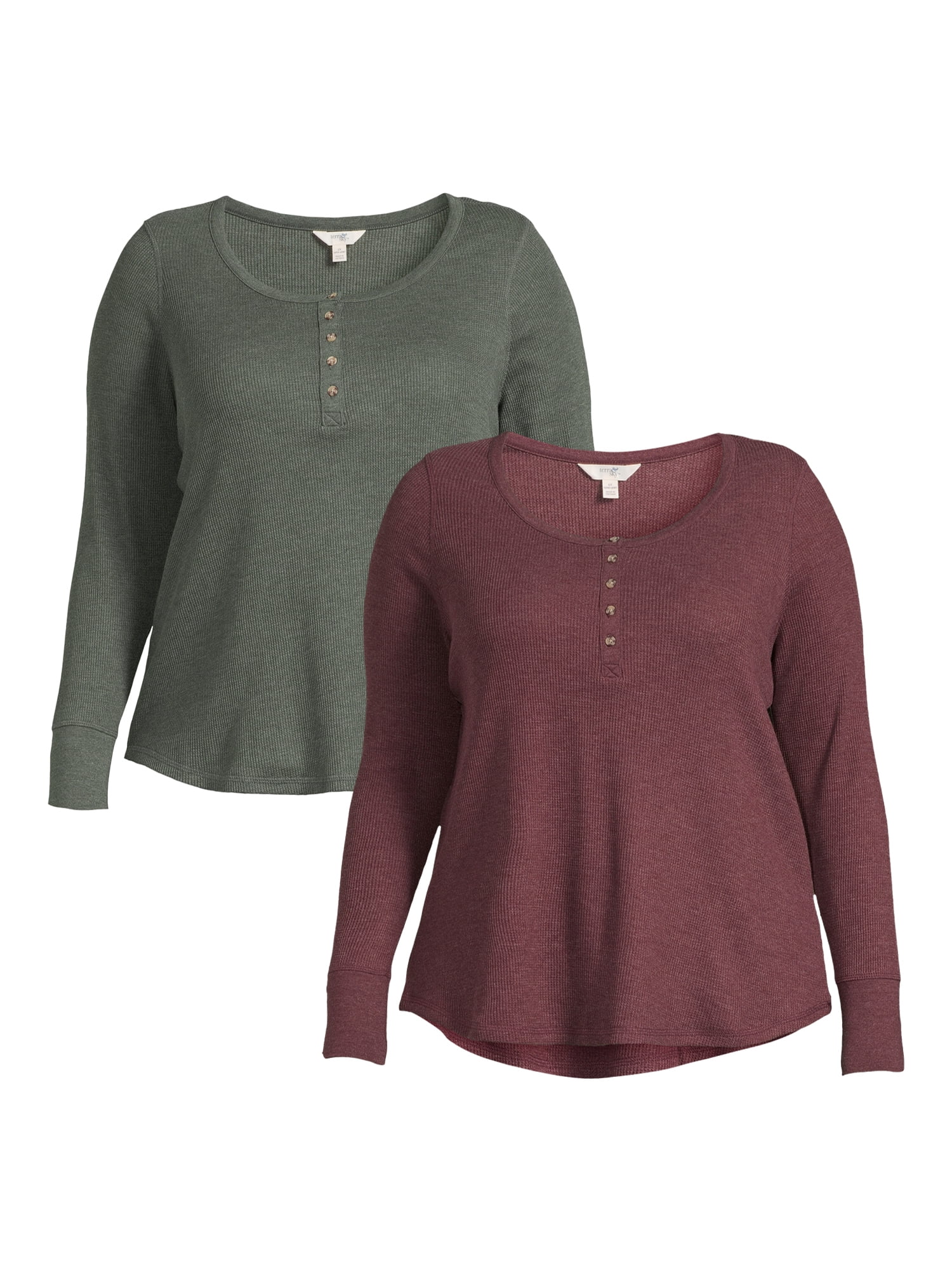 Terra & Sky Women's Plus Size Henley Waffle Tee 2-Pack Long Sleeve ...