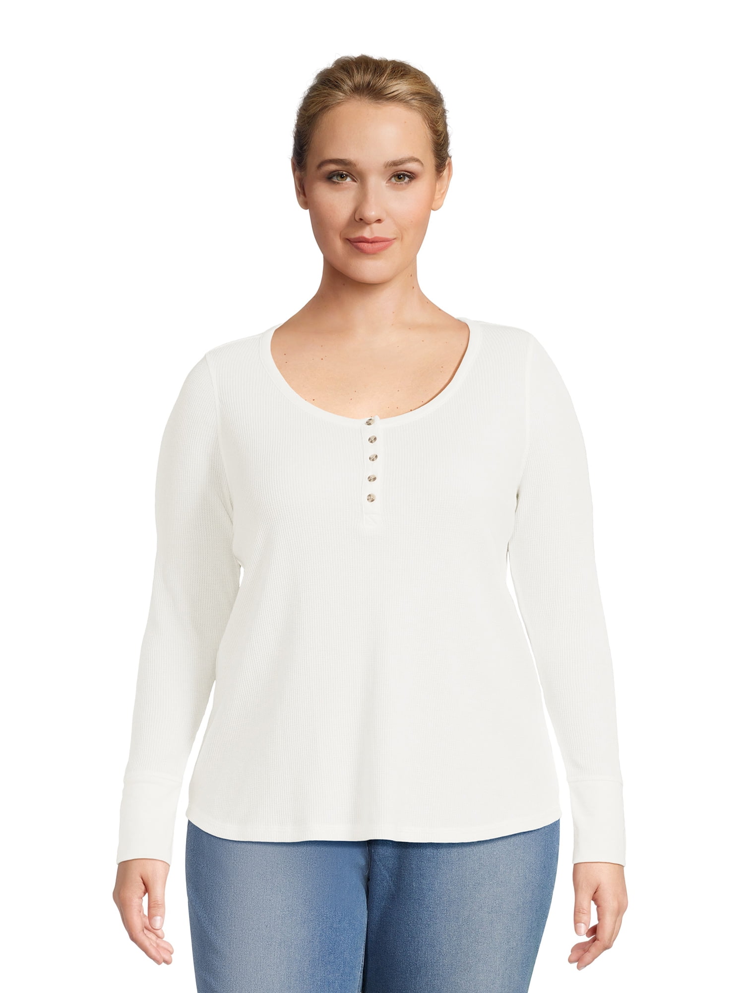 Terry & Sky Women’s Plus Size Henley Waffle Tee with Long Sleeves, 2 ...