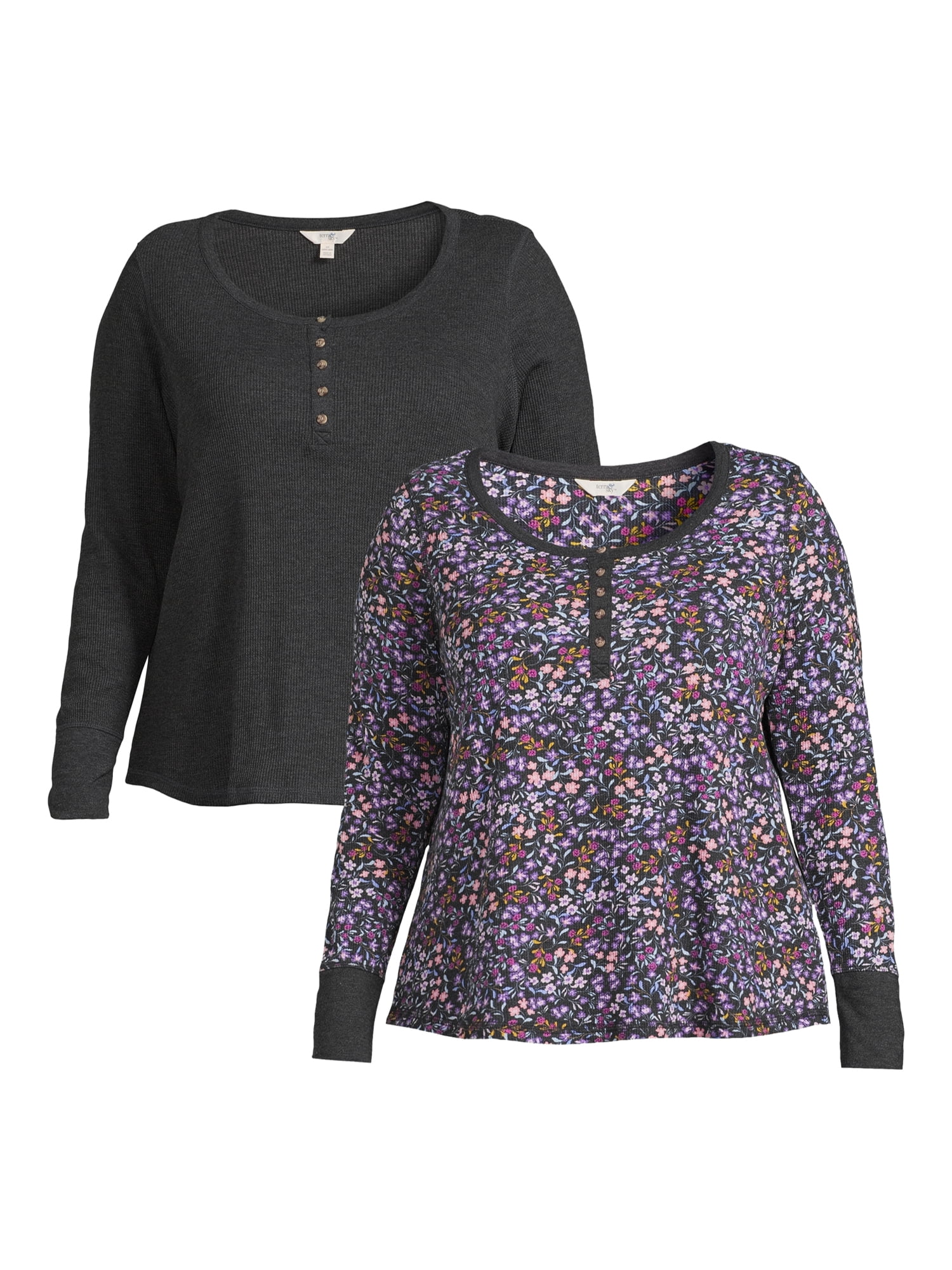 Terry & Sky Women’s Plus Size Henley Waffle Tee with Long Sleeves, 2 ...