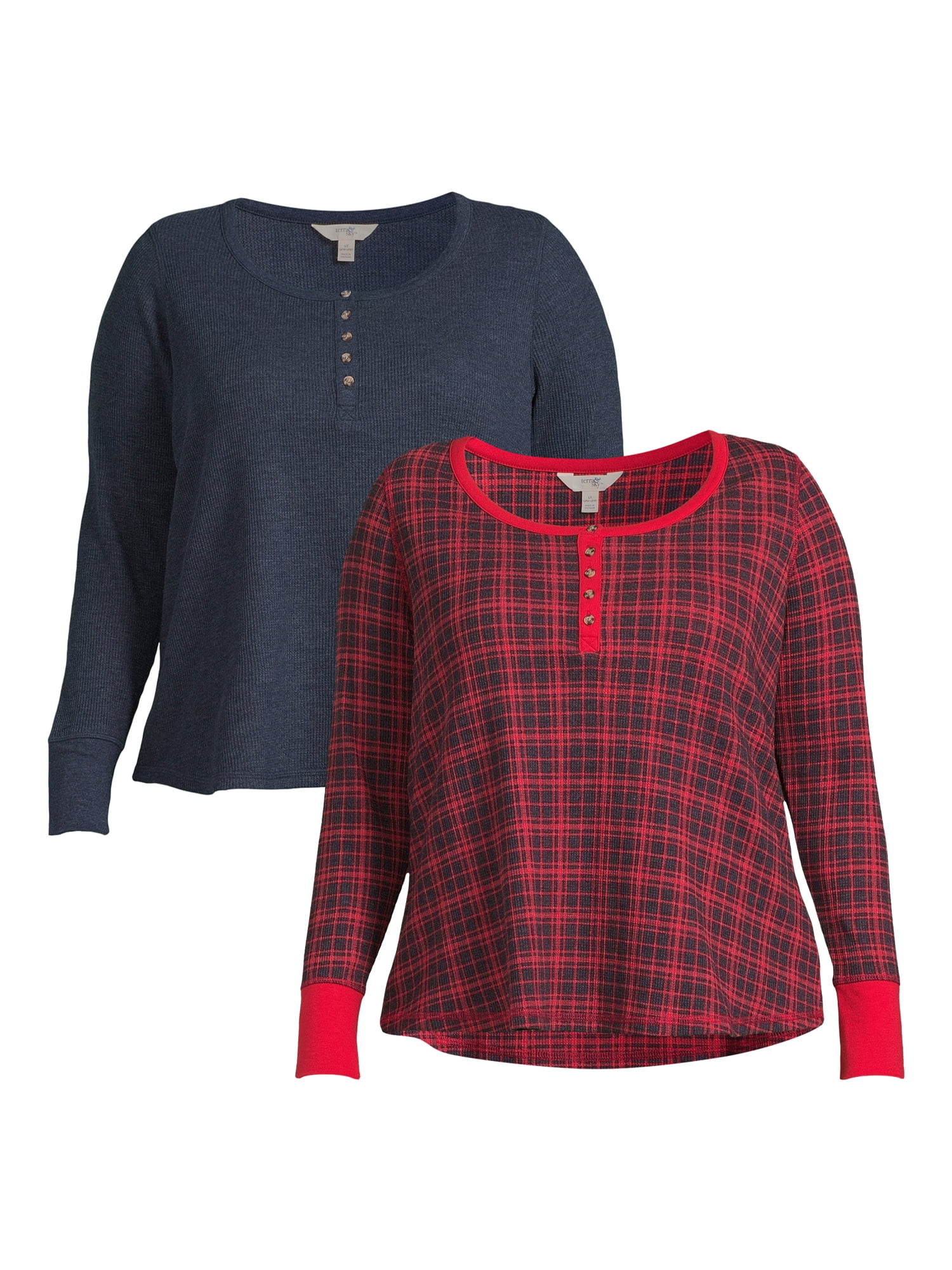 Terry & Sky Women’s Plus Size Henley Waffle Tee with Long Sleeves, 2 ...