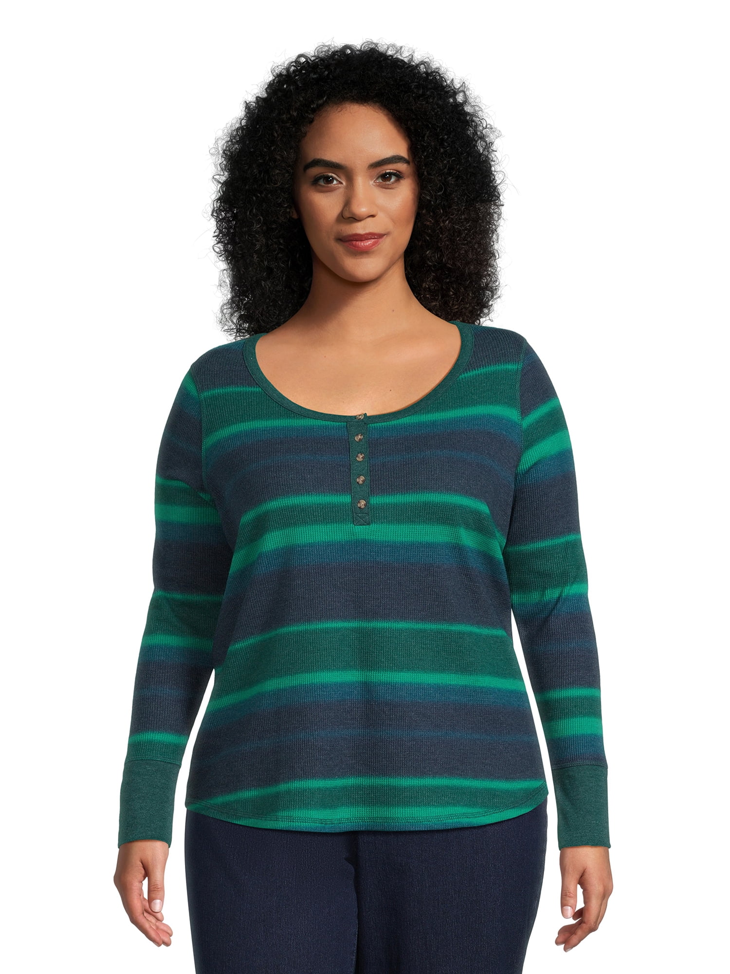Terry & Sky Women’s Plus Size Henley Waffle Tee with Long Sleeves, 2 ...