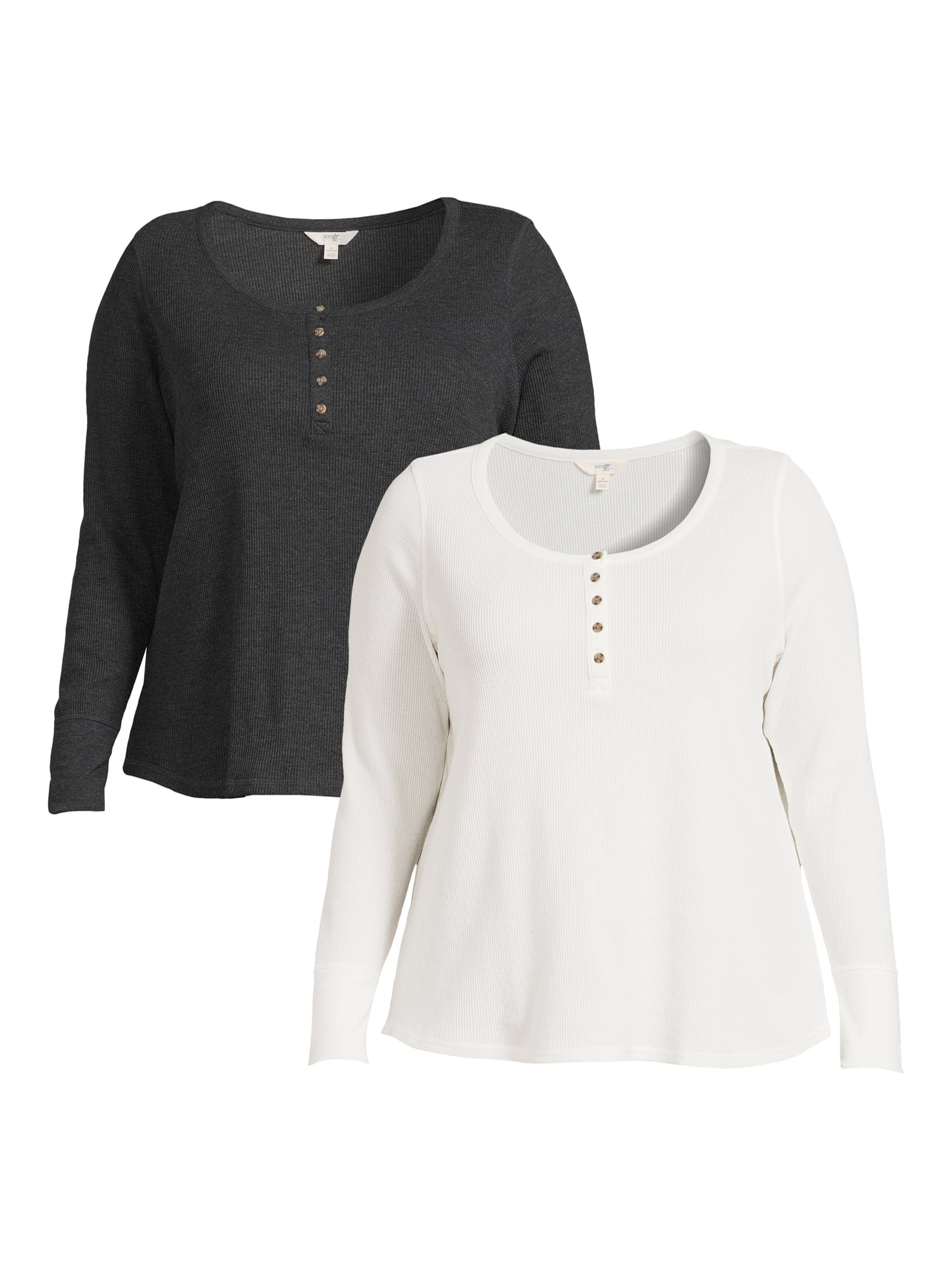 Terry & Sky Women’s Plus Size Henley Waffle Tee with Long Sleeves, 2 ...
