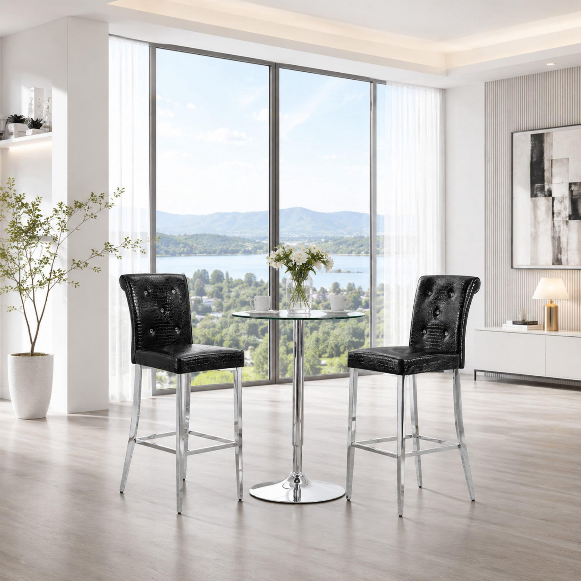 TesNus Bar Stools Set of 2 Black Crocodile Pattern Leather Chair Silver ...