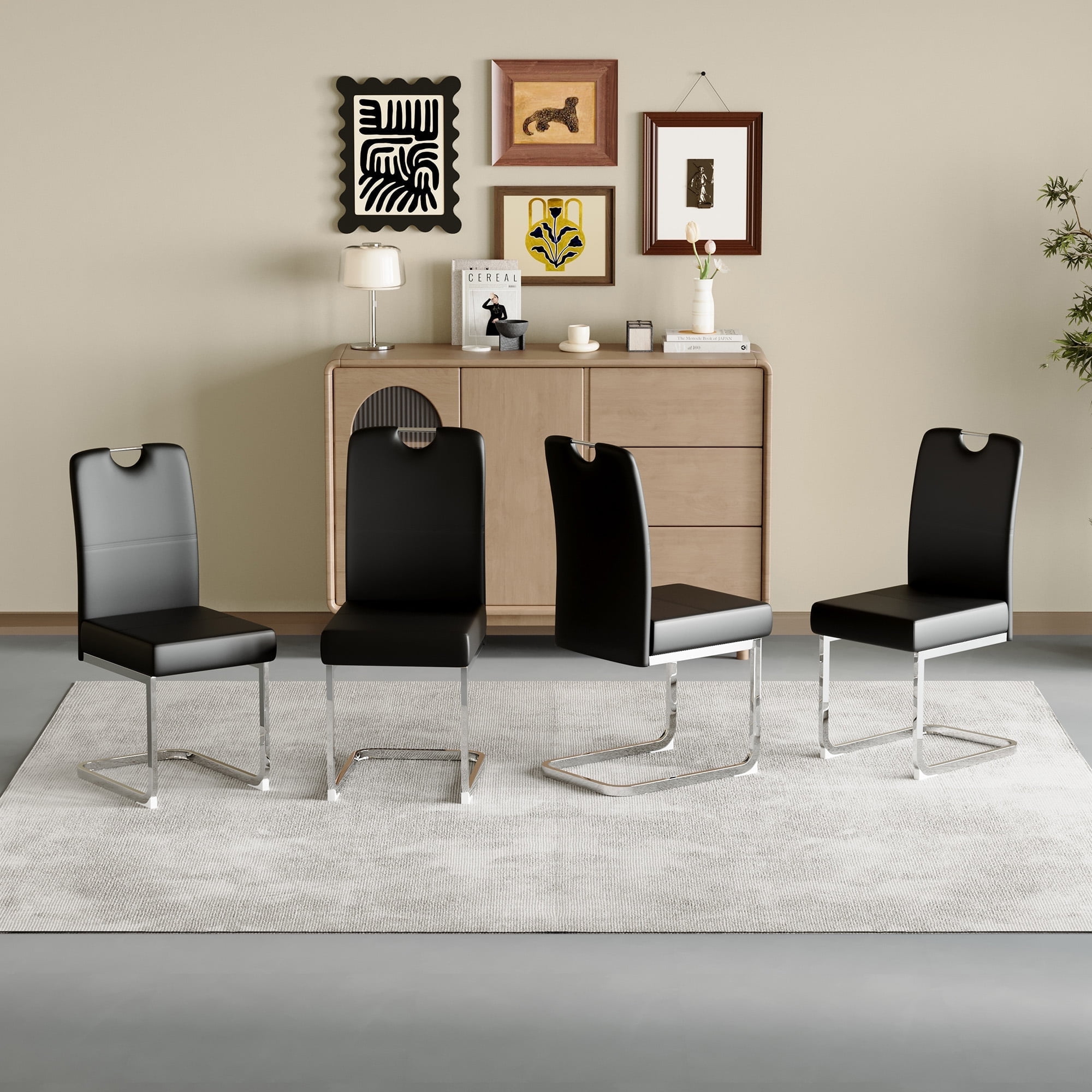 TesNus Dining Chair Set of 4 Black Faux Leather High Back Chrome Metal ...
