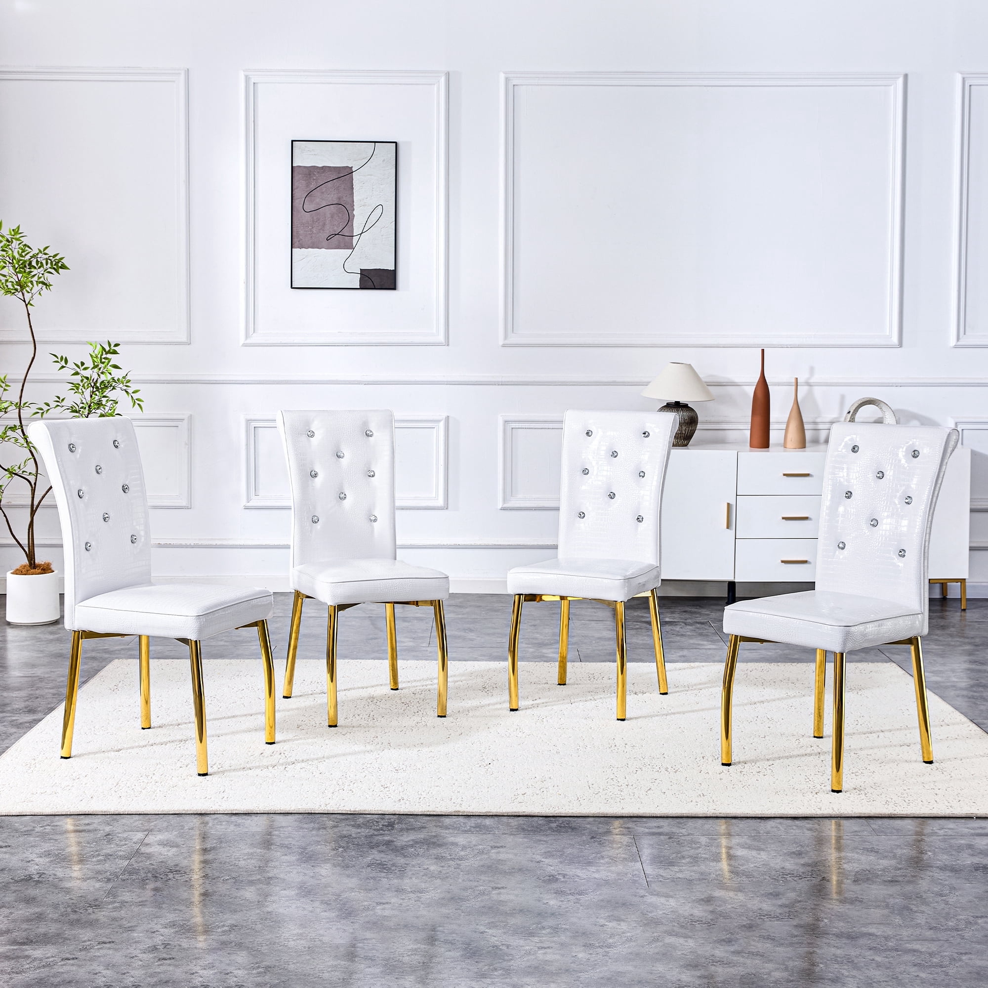 TesNus Retro Alligator Faux Leather Dining Chairs Set of 4 White Gold ...