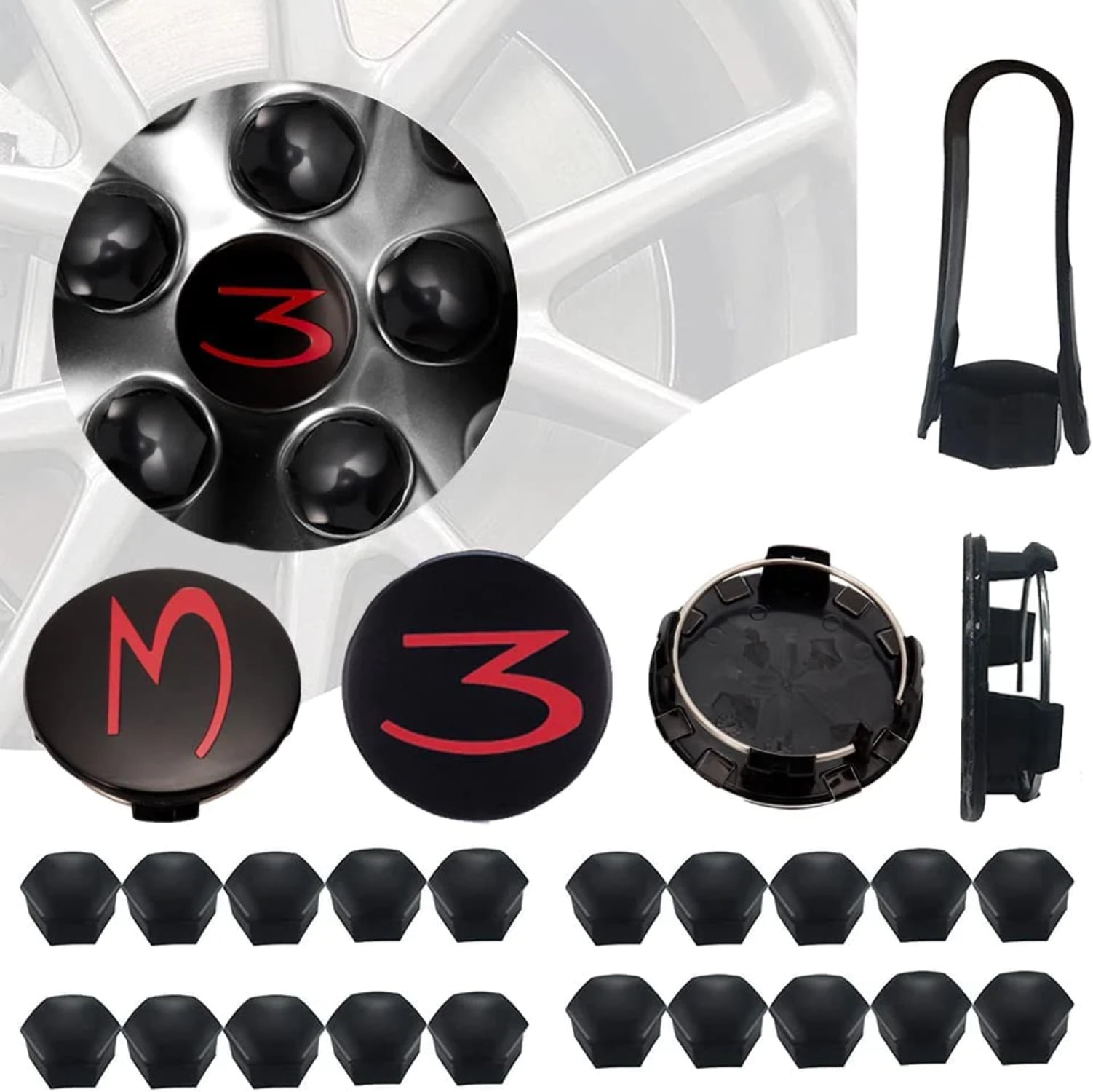 Tesla Model 3 Wheel Cap Kit, Red 3 Logo, Matte Black Lug Cap Covers ...