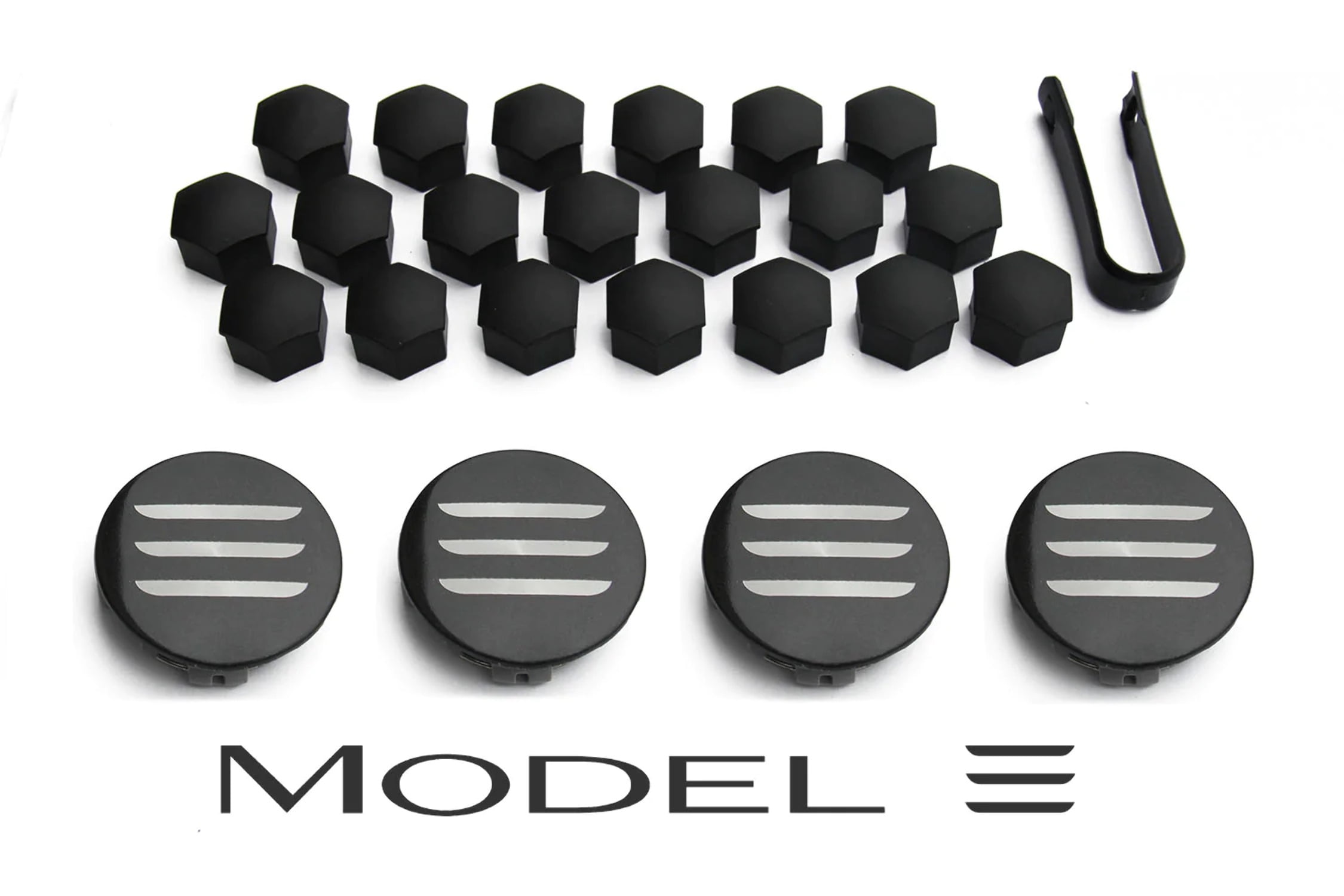 Tesla Model 3 Wheel Cap Kit, White Stripes, Matte Black Lug Cap Covers ...