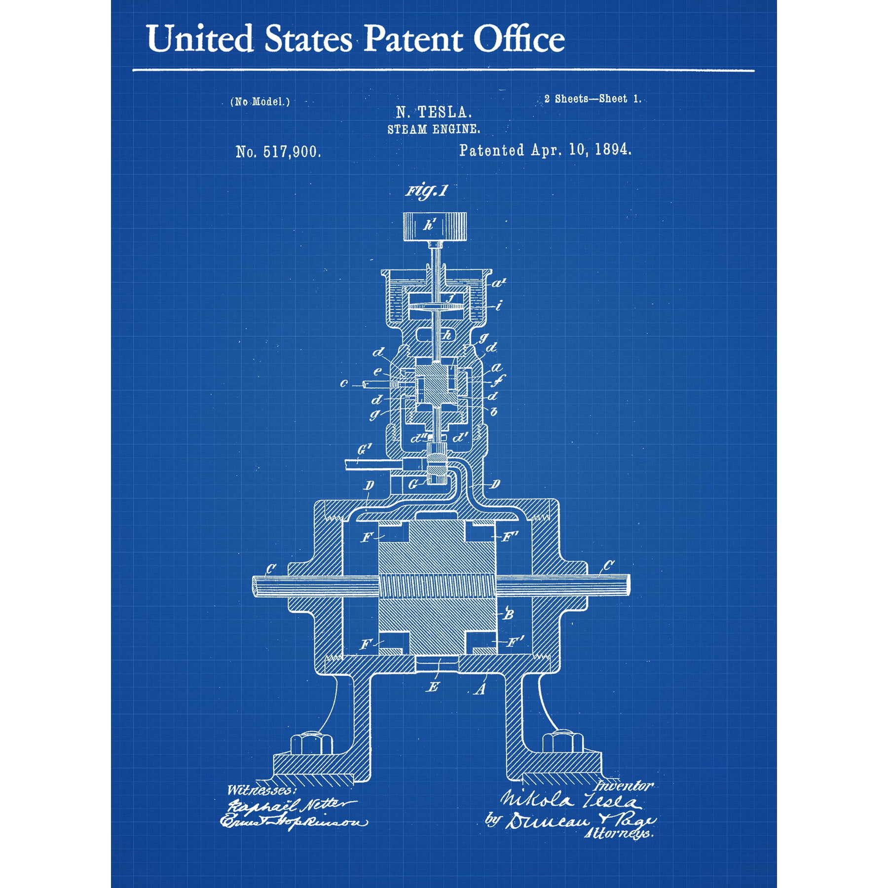 Tesla Steam Engine 1894 View 1 Vintage Patent Plan Extra Large XL Wall ...