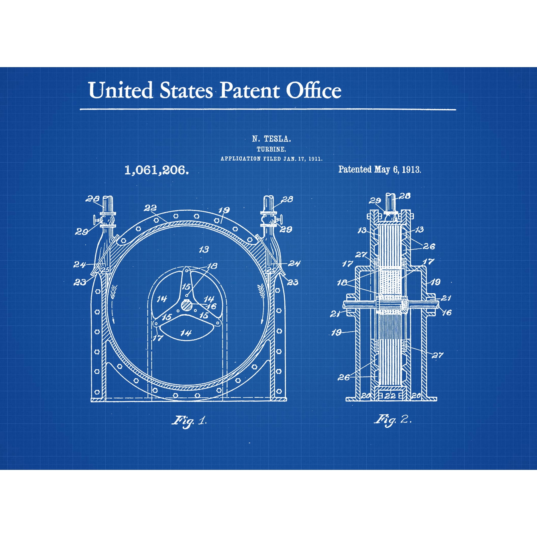 Tesla Turbine 1913 Vintage Patent Plan Extra Large XL Wall Art Poster ...