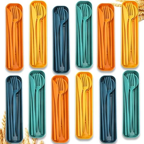 Tessco 12 Sets Reusable Travel Utensils with Case Wheat Straw Portable ...
