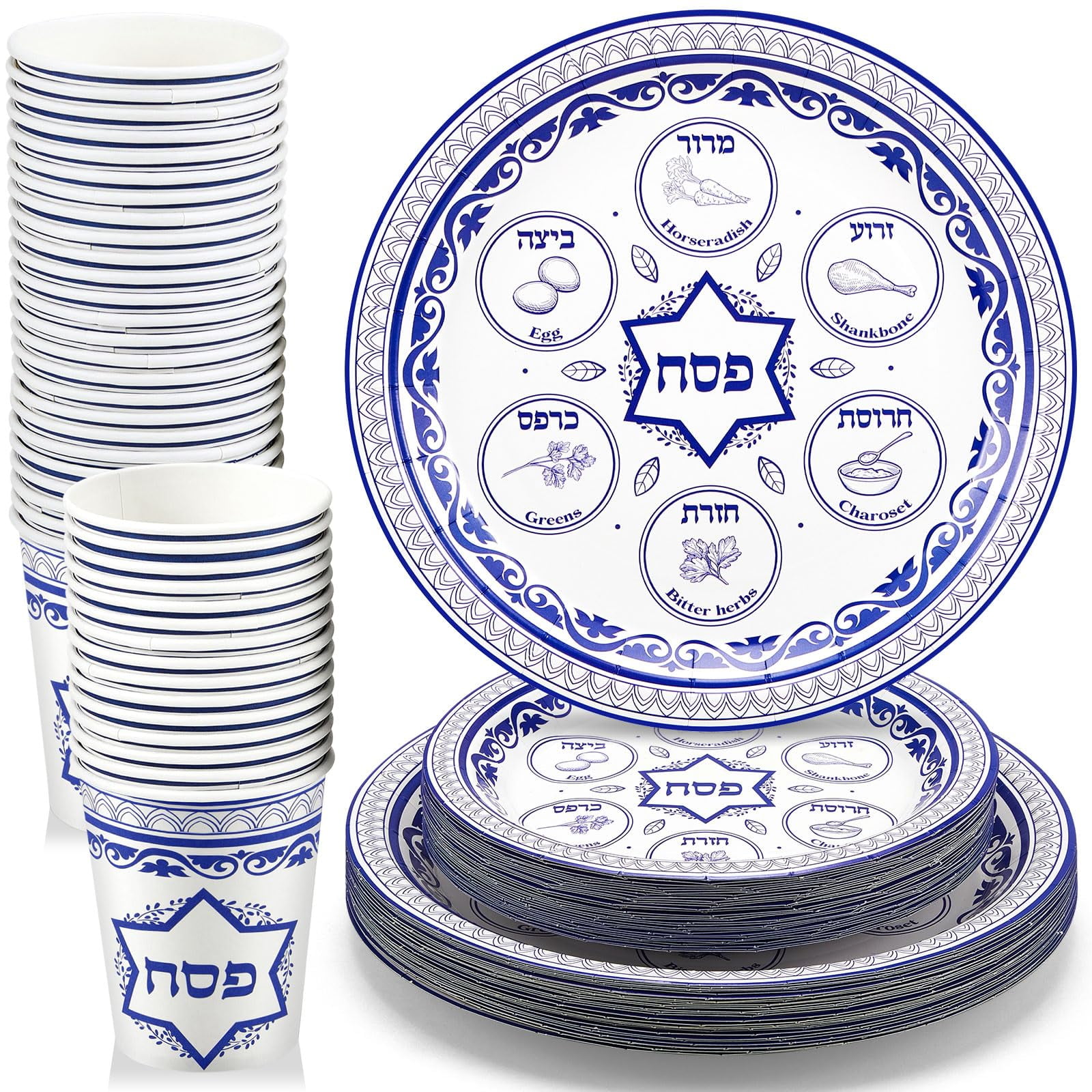 Tessco 120 Pcs Disposable Passover Seder Paper Plate and Cups Set Serve ...