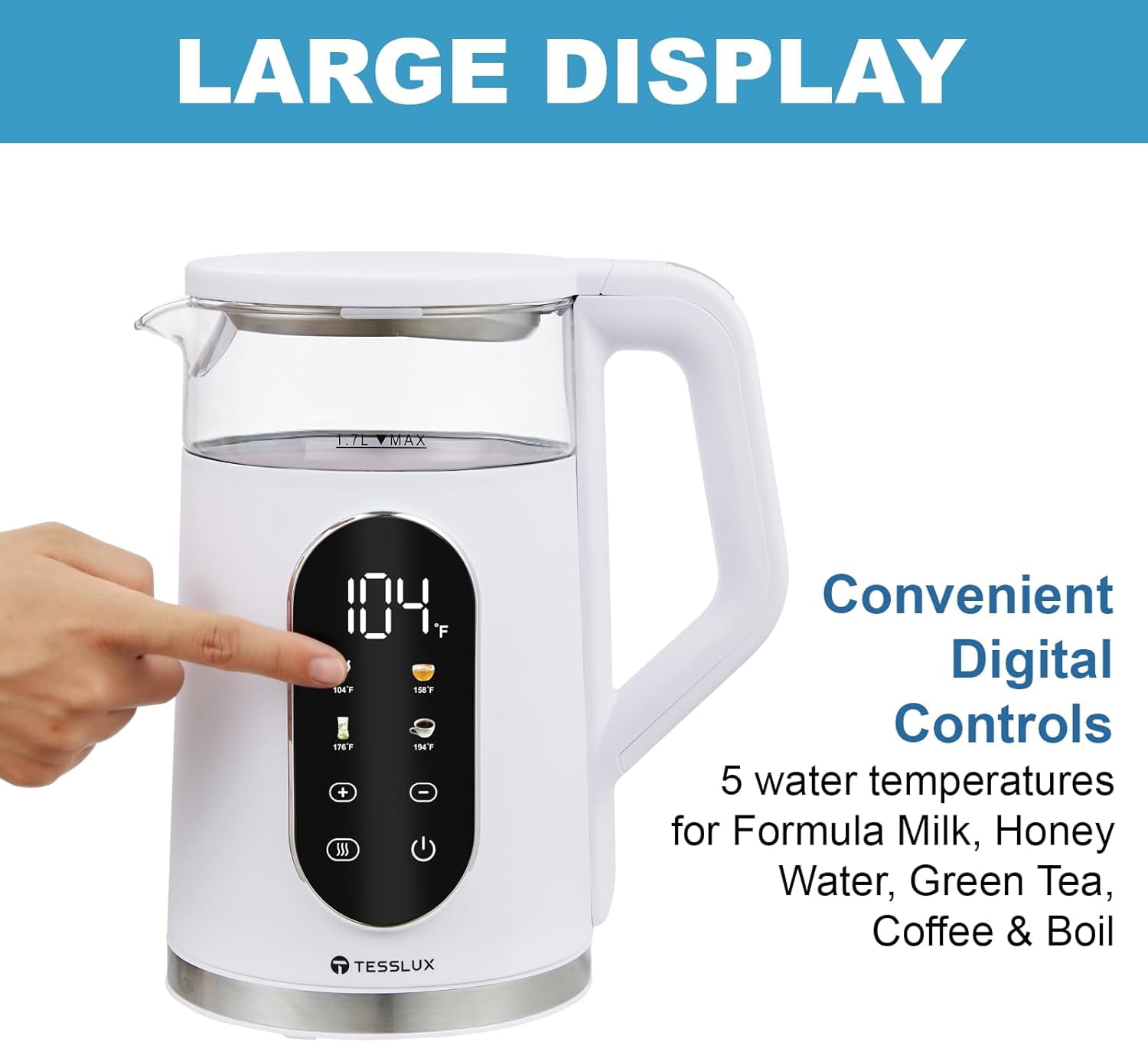 Tesslux Electric Kettle 1.7L with Temperature Control, 1500W Fast ...