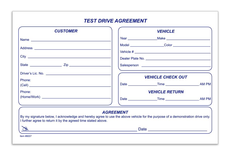 Test Drive Agreement Form for Automotive Dealerships and Rental ...
