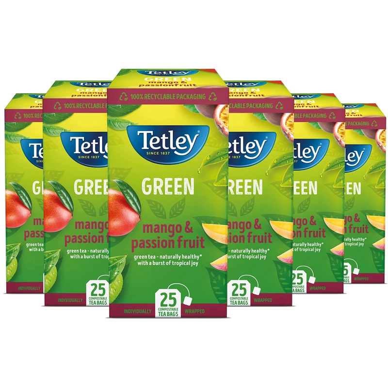 Tetley Mango & Passionfruit Green Tea - Pack of 6 Boxes (150 Tea Bags ...
