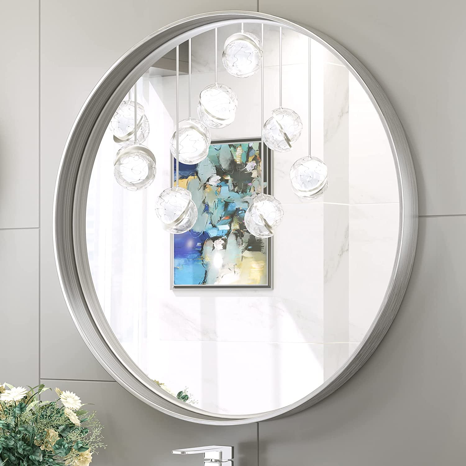 Tetote Silver Round Mirror for Bathroom, 24 inch Modern Circle Mirrors ...