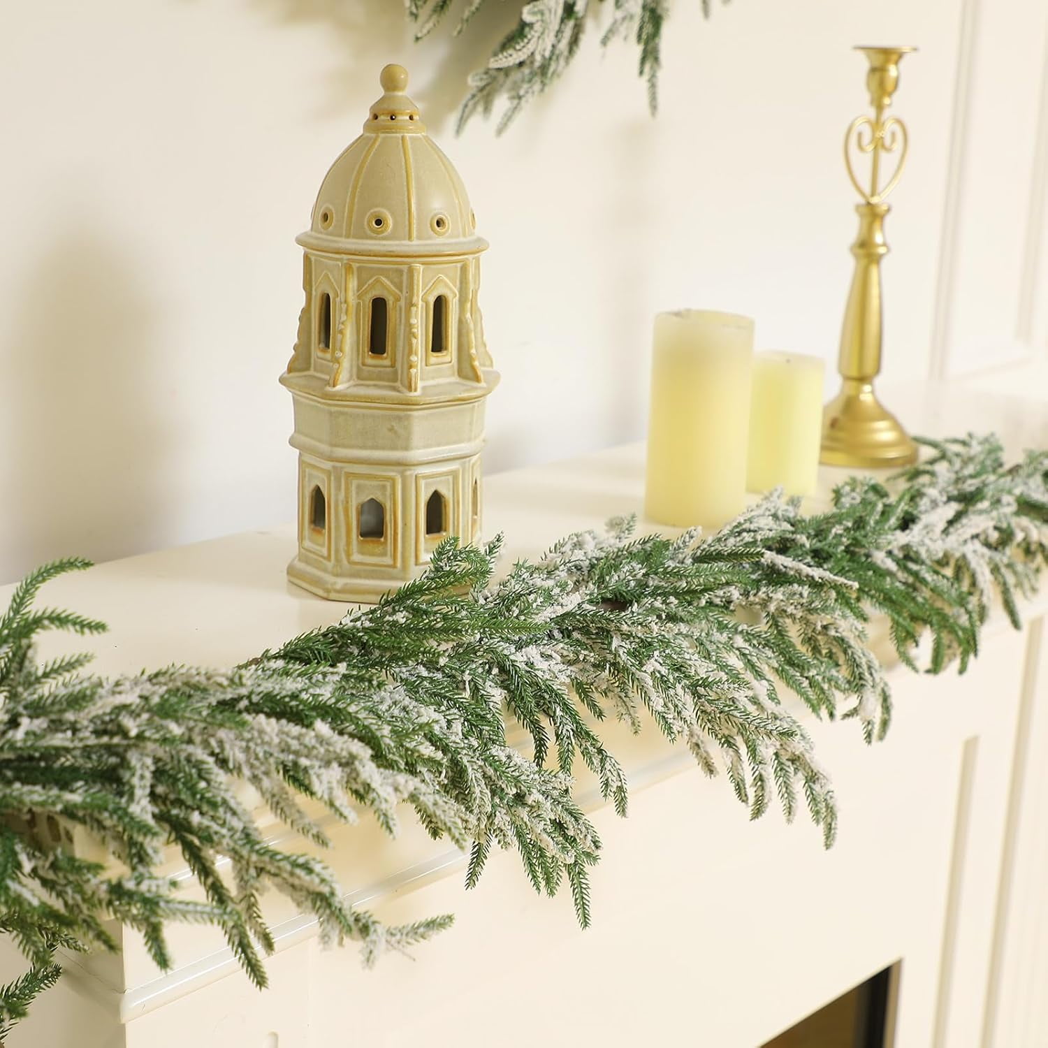 Tetou 6Ft Christmas Norfolk Pine Garland with Snow, Real Touch Cedar ...