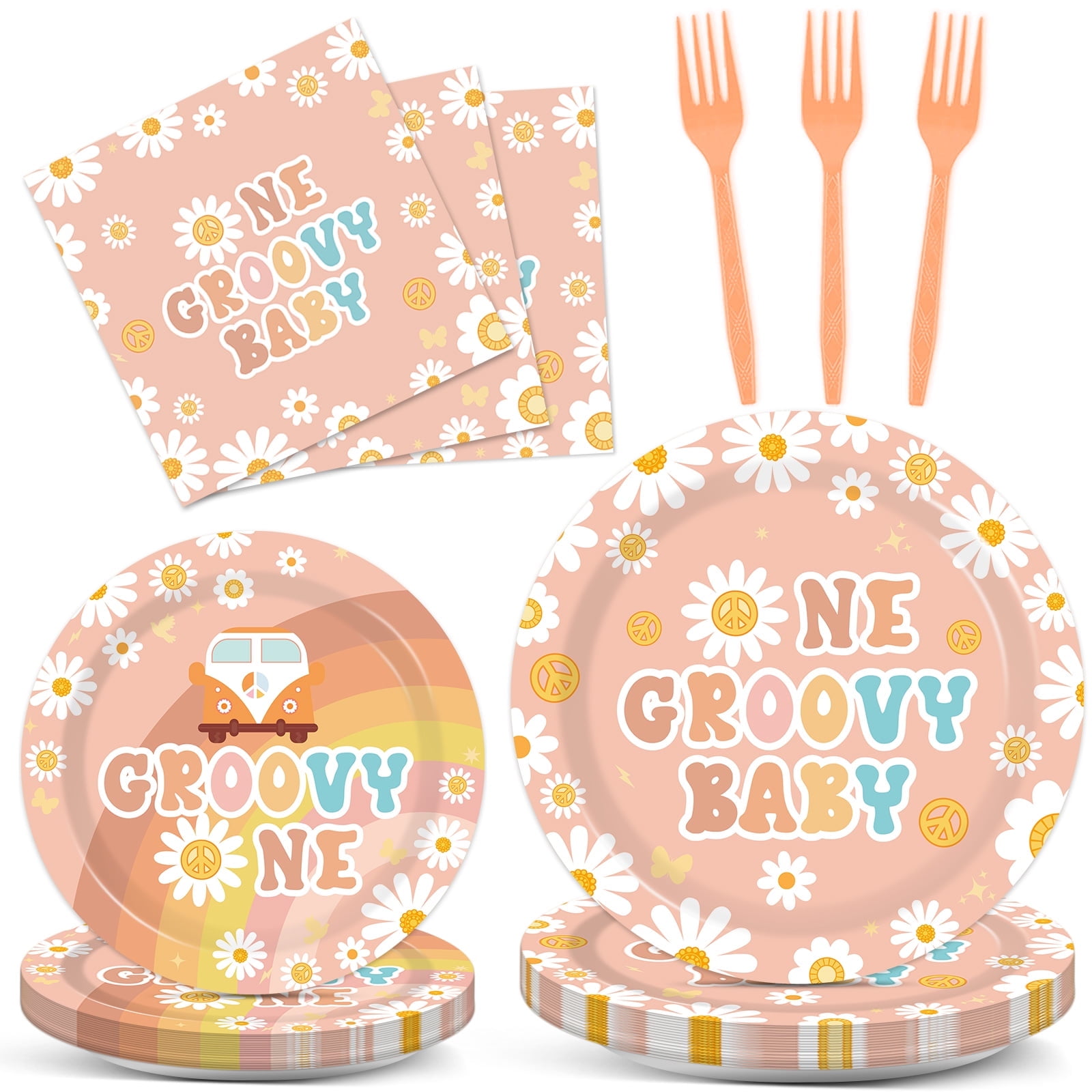 Tevxj 96PCS 1st Birthday Party Plates Napkins Forks for Girls Colorful ...