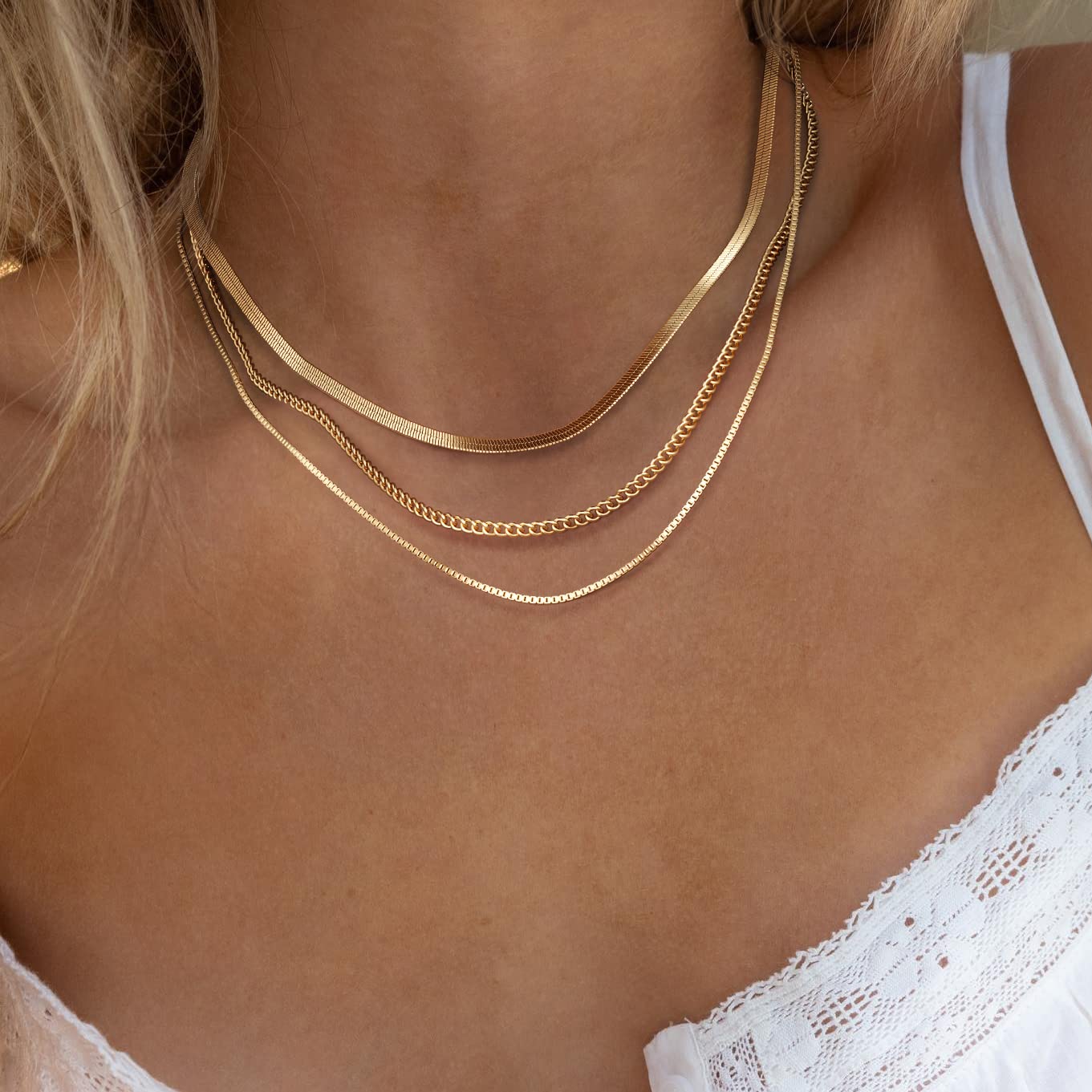 Tewiky Gold Necklace of Women for 3Pcs,Dainty Layered Stacked Chain Choker Necklace - Trendy 14K ...