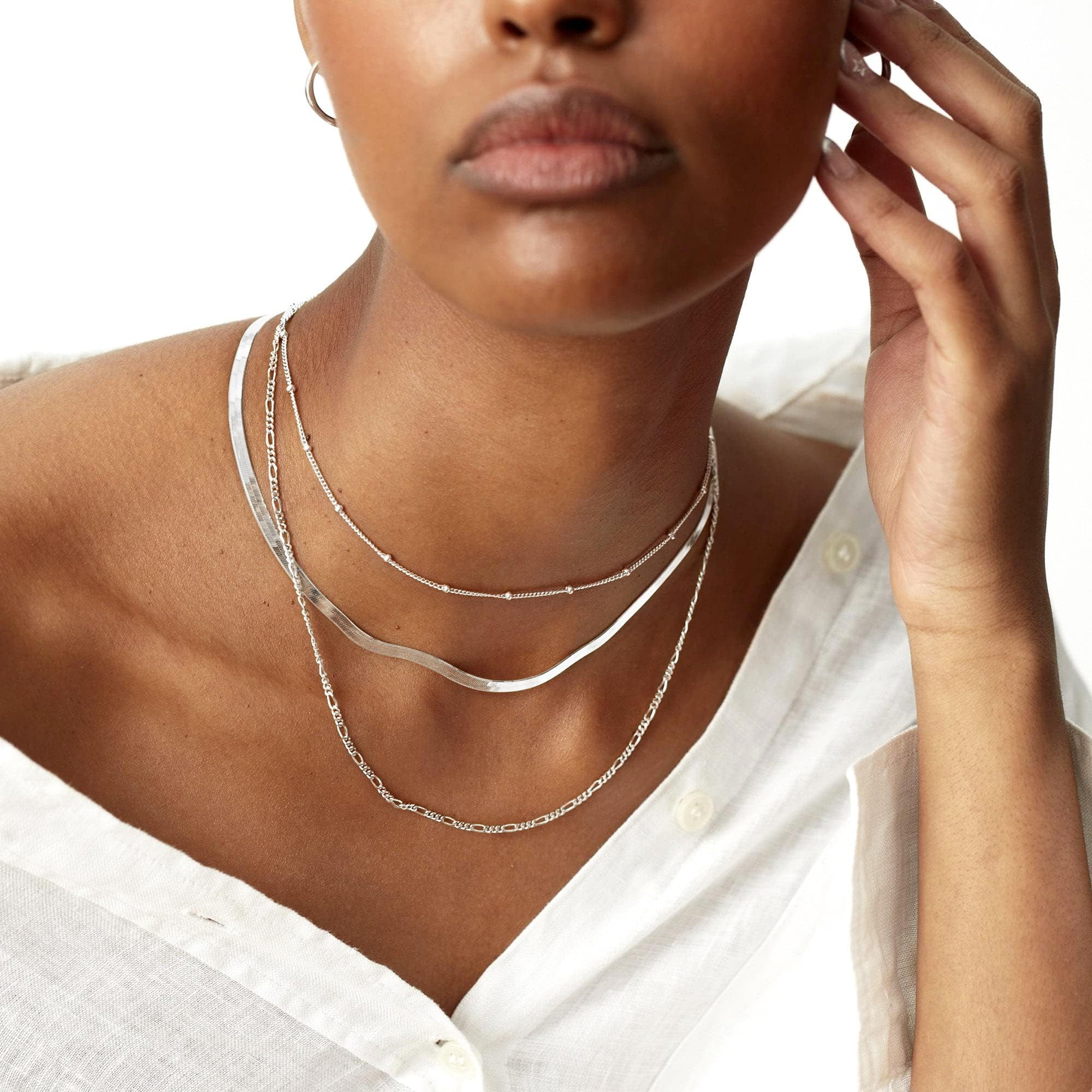 Tewiky Silver Necklace of Women for 3Pcs,Dainty Layered Stacked Chain Choker Necklace - Trendy ...