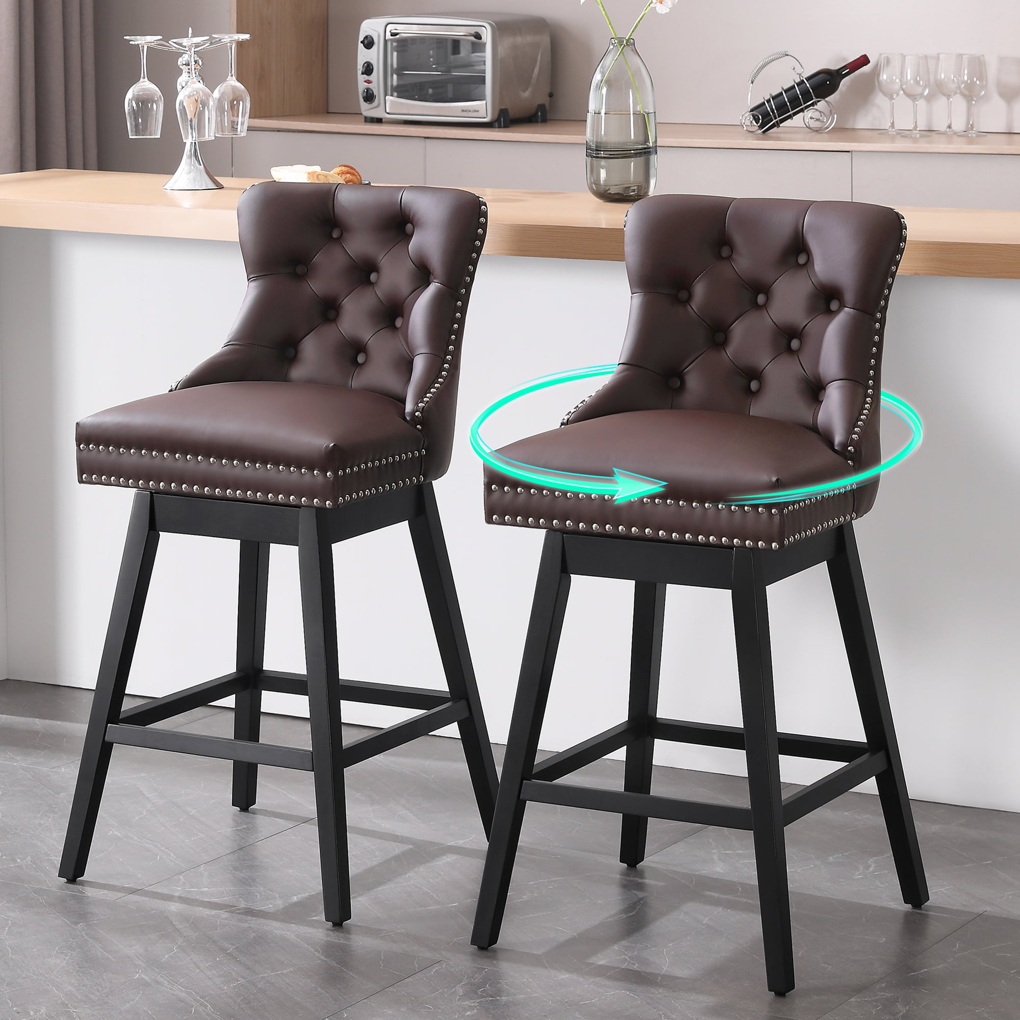 Tewloss 30" Swivel Bar Stools Set of 2 With Back Leather Bar Height ...