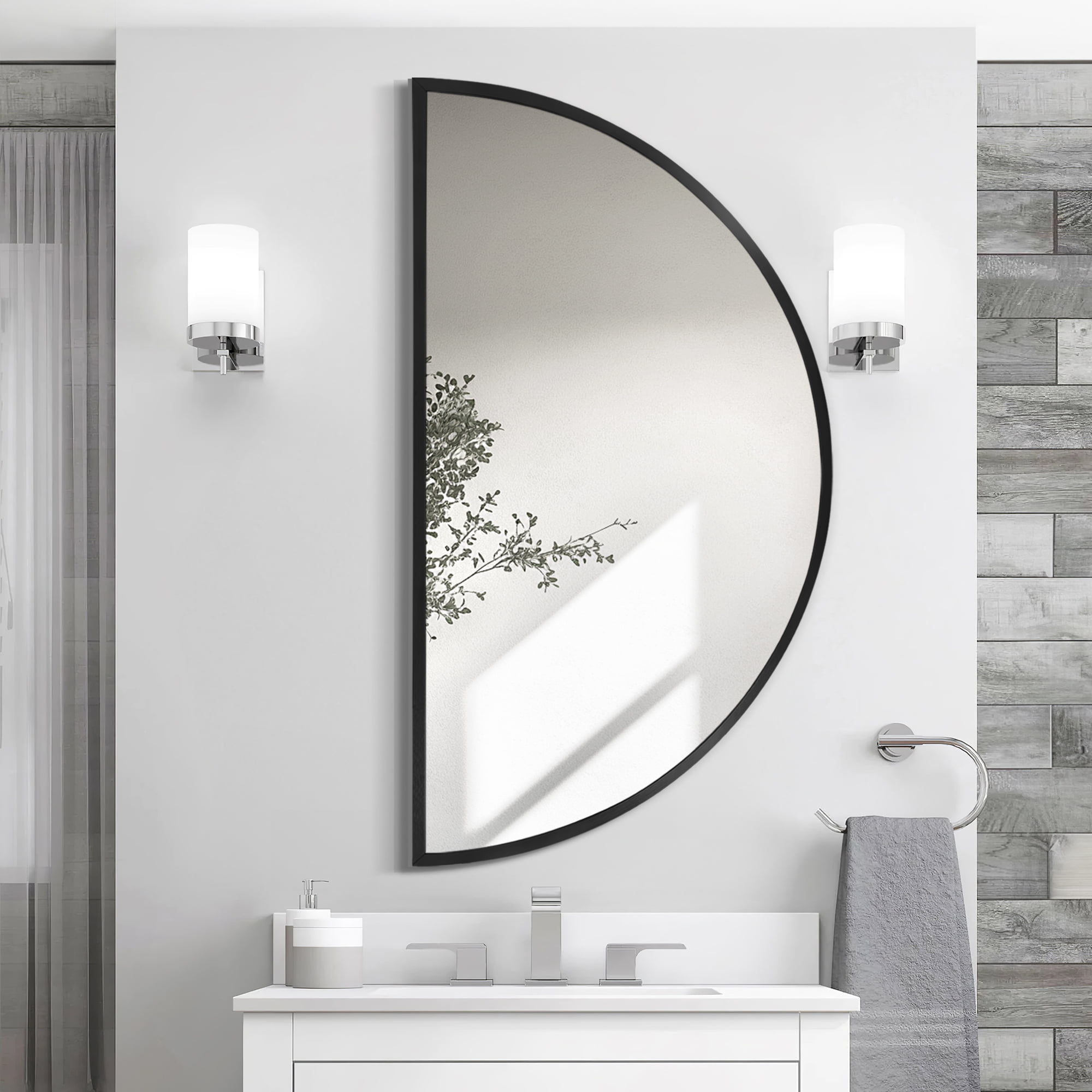 Tewloss DIY Bathroom Mirrors Half Circle Wall Mirror for Bedroom (Black ...
