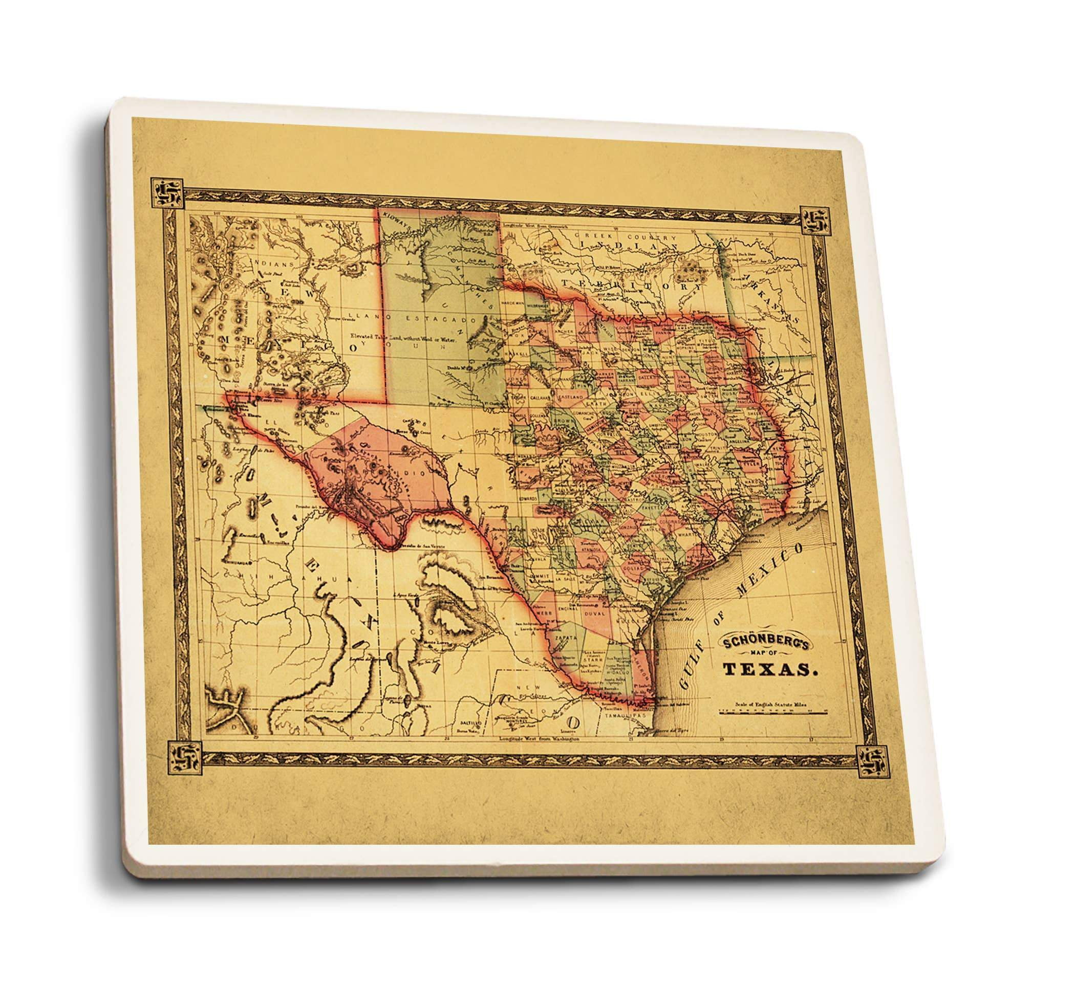 Texas 1866 - Panoramic Map Ceramic Coasters - Walmart.com