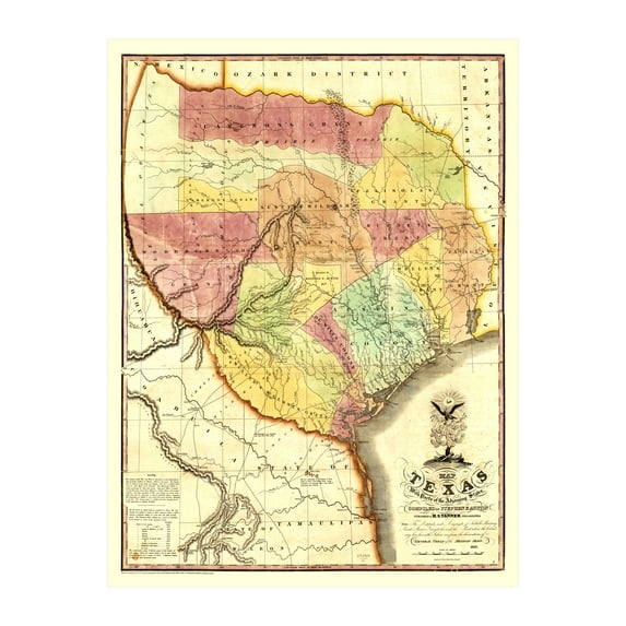 Texas Art, 1837 Vintage Map of Texas History Wall Decor Gift, Old Texas ...