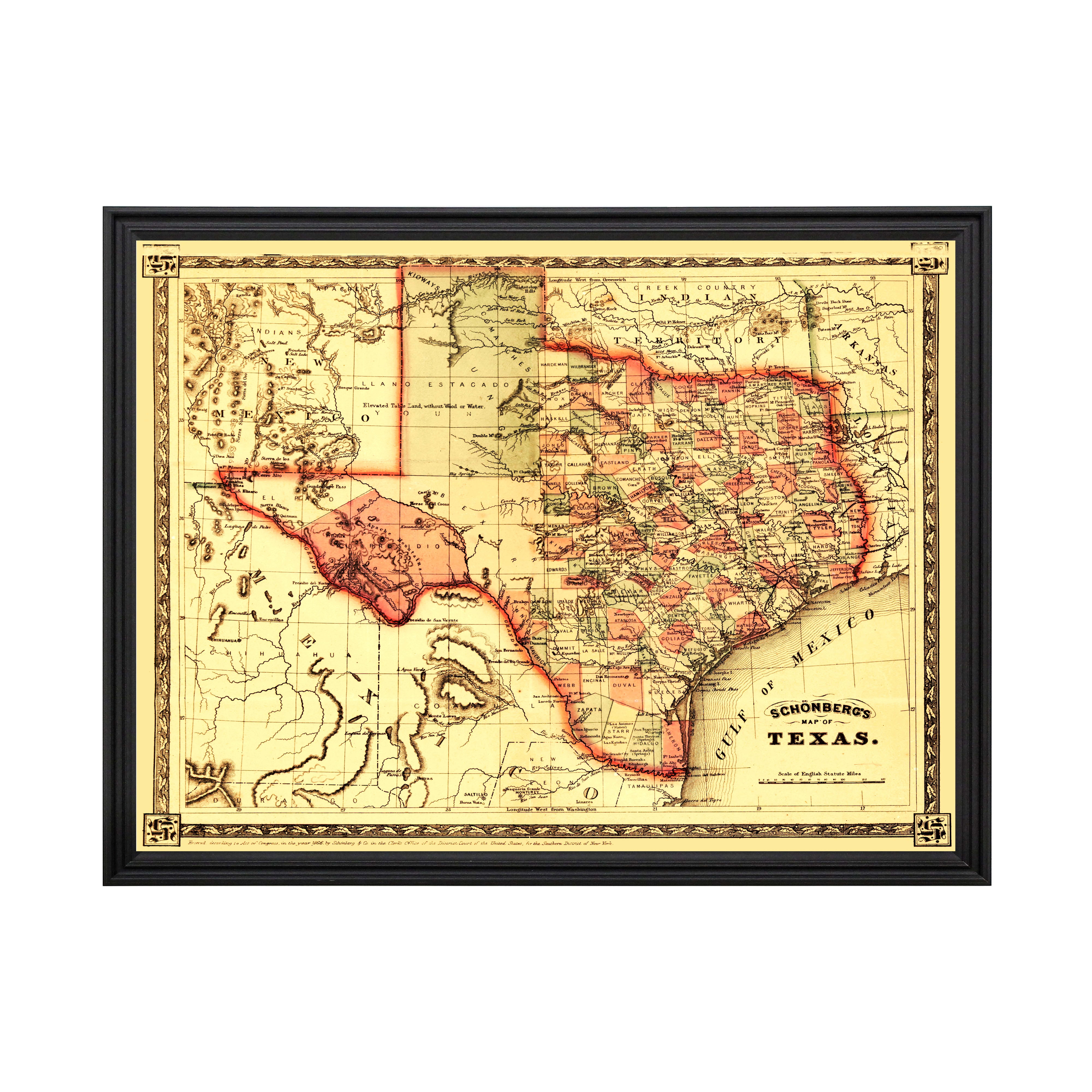 Texas Art, 1866 Vintage Map of Texas History Wall Decor Gift, Old Texas ...