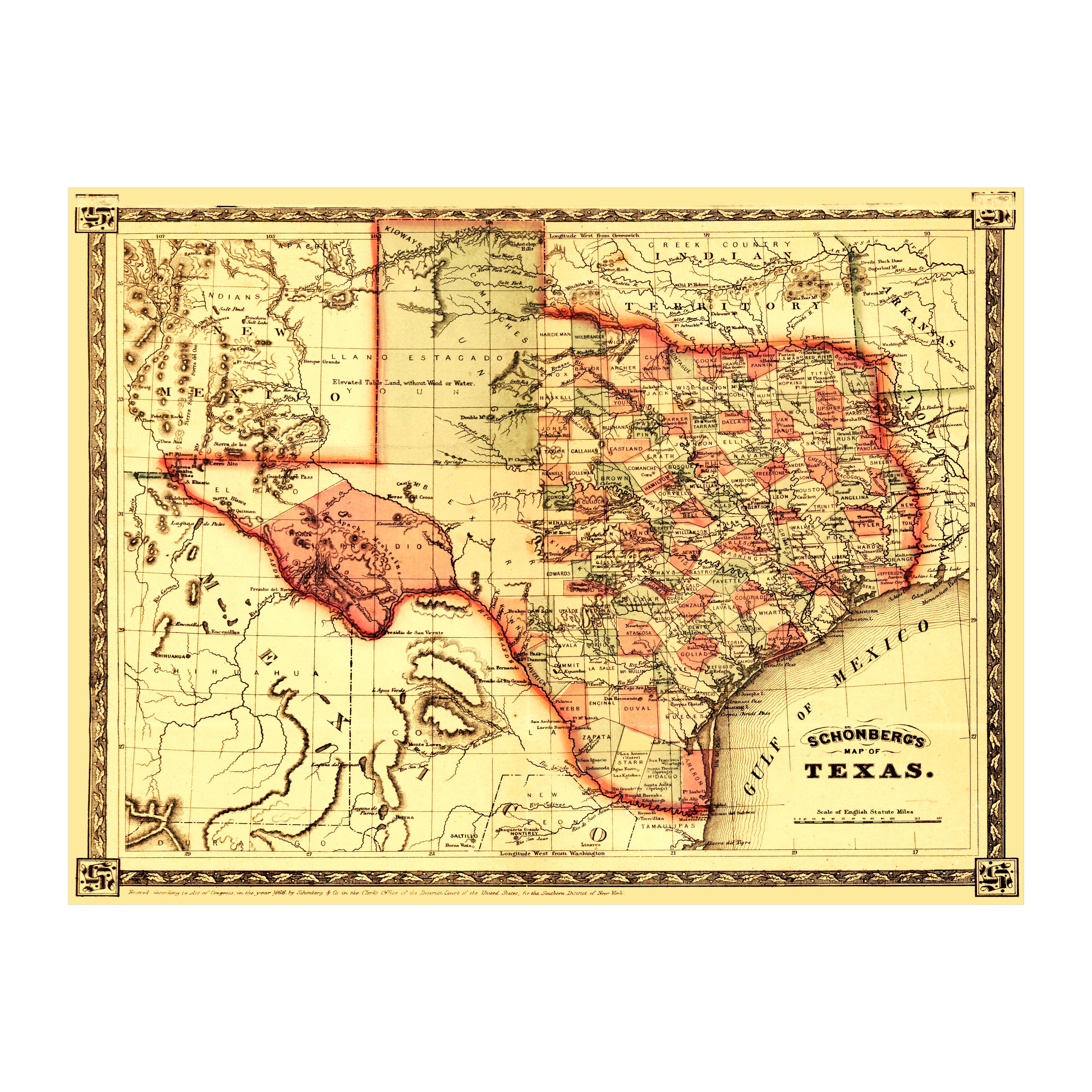 Texas Art, 1866 Vintage Map of Texas History Wall Decor Gift, Old Texas ...