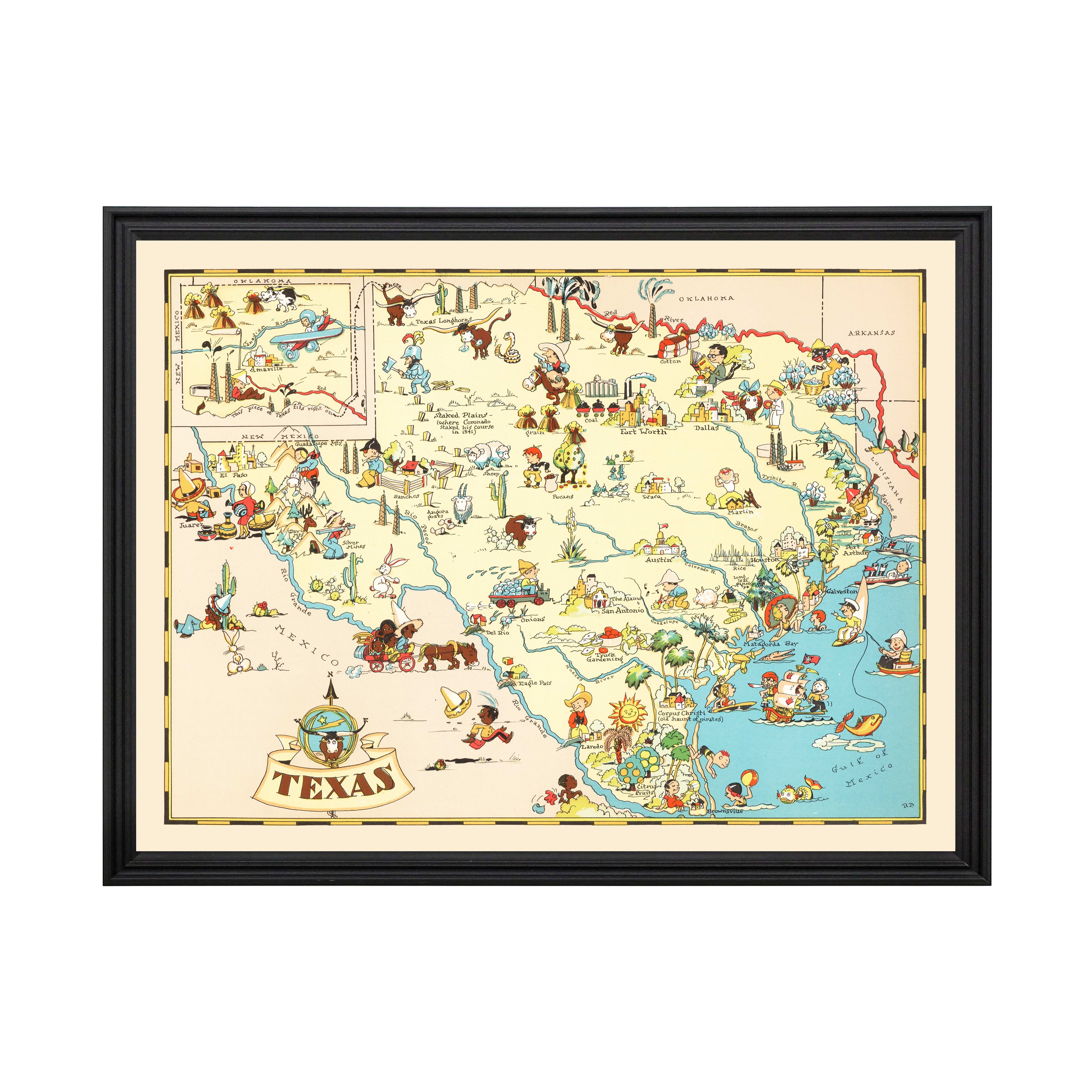 Texas Art, 1935 Vintage Map of Texas History Wall Decor Gift, Old Texas ...