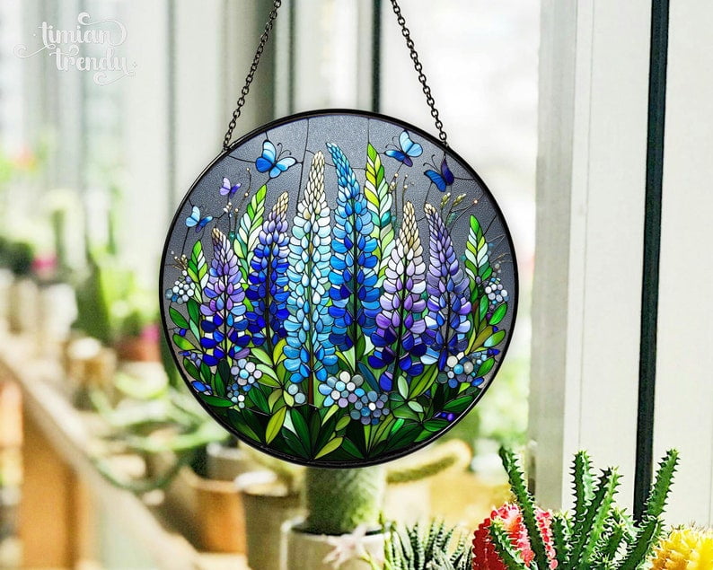 Texas Bluebonnet Butterfly Stained Glass, Wildflowers Glass Window ...