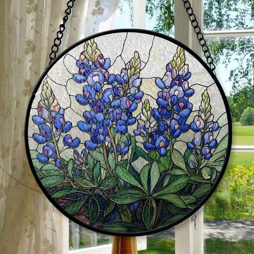 Texas Bluebonnets Stained Glass Suncatcher, Floral Wreath Sign, Window ...