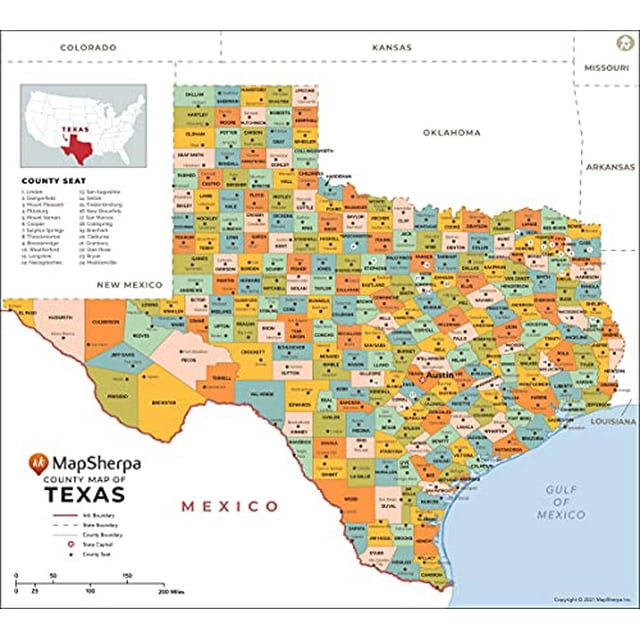 Texas Counties Map - Large - 48" x 43.5" Rolled Canvas - Walmart.com