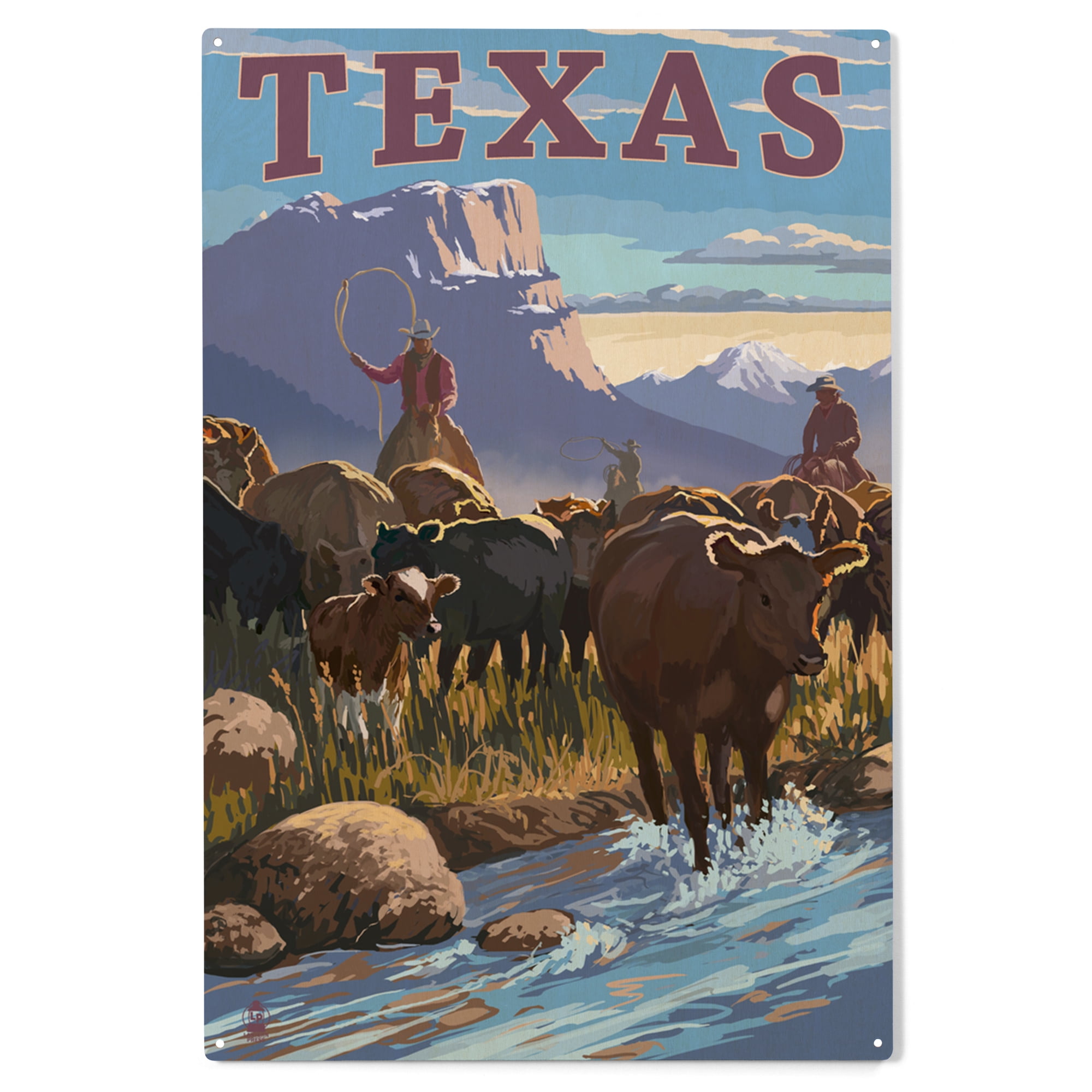 Texas, Cowboy Cattle Drive Scene Birch Wood Wall Sign (10x15 Rustic ...