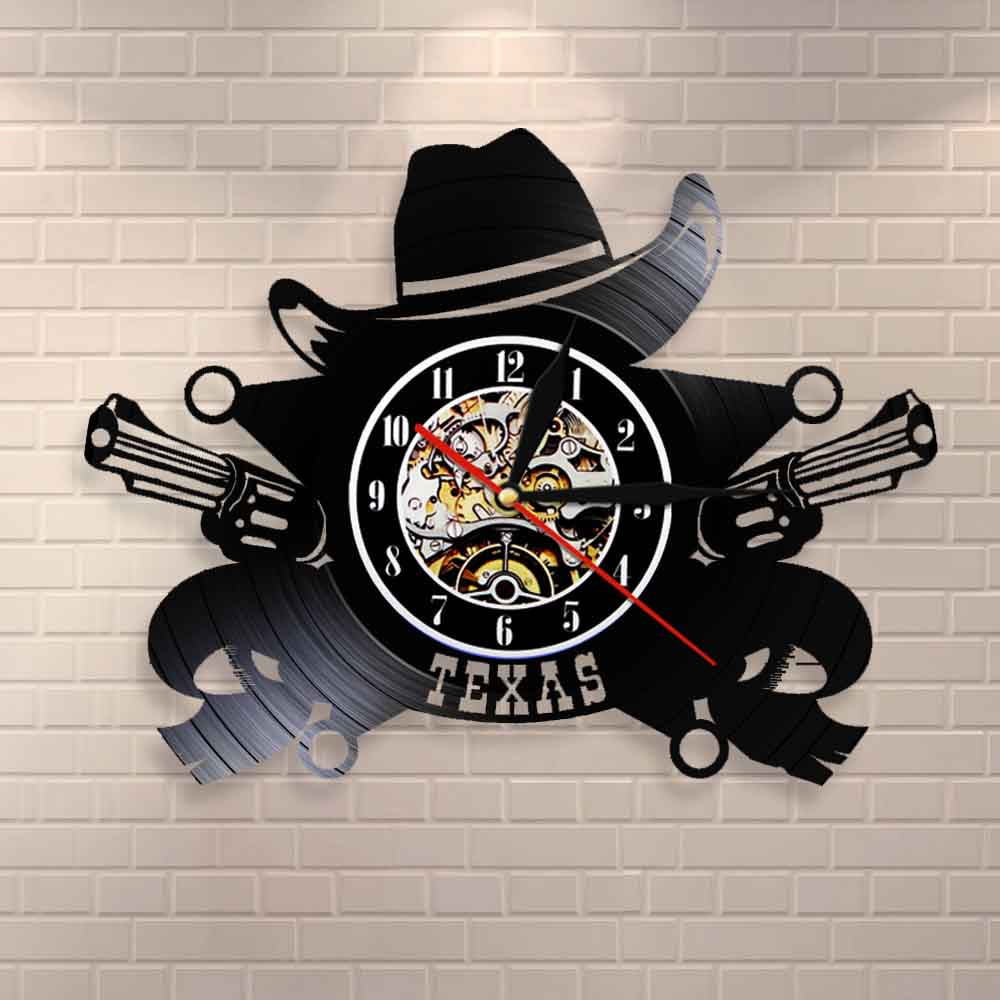 Texas Cowboy Wall Clock Western USA Skyline Symbol Vinyl Record Wall ...