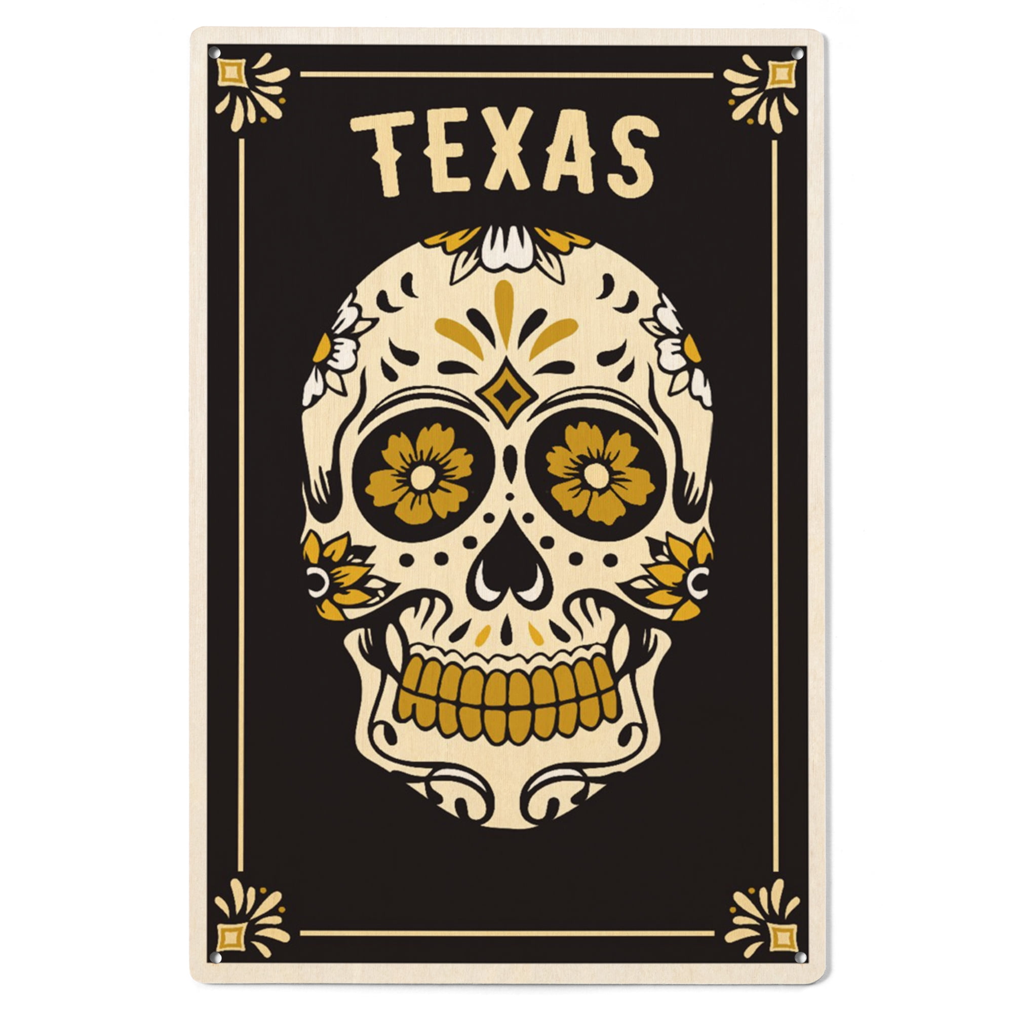 Texas, Day of the Dead, Sugar Skull and Flower Pattern, Black and Gold ...
