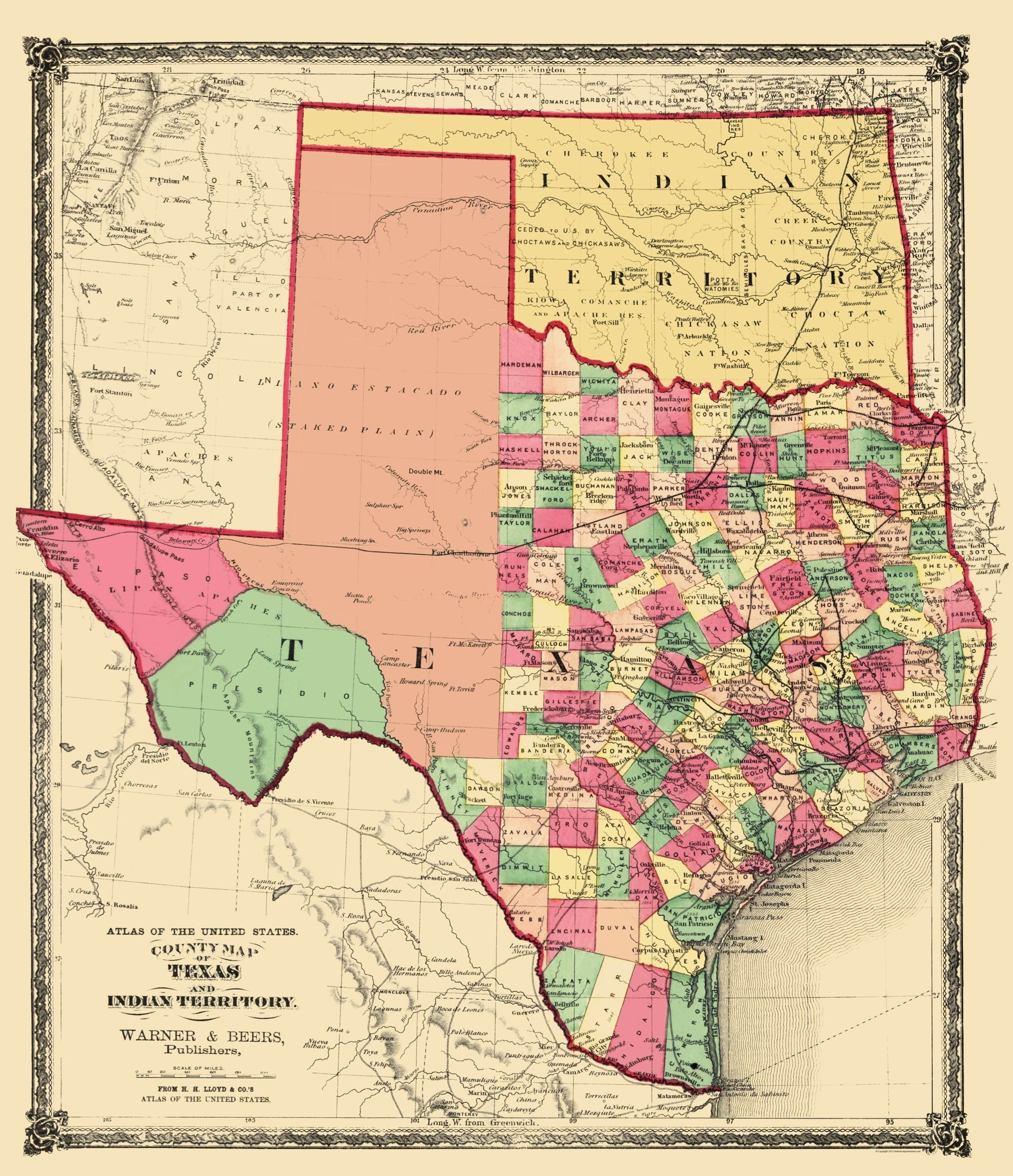 Historic State Map - Texas Indian Territory - Warner Beers 1876 - 23 x ...