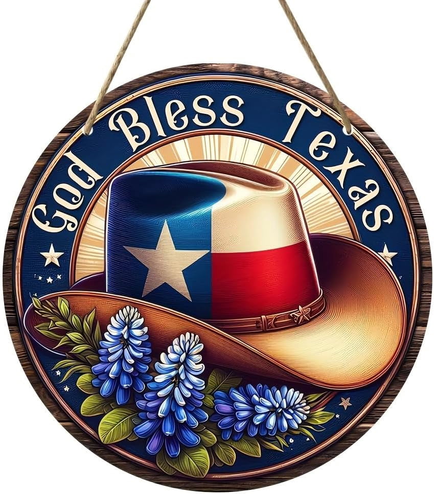 Texas-Inspired Cowboy Hat and Blue Metal Tin Sign are Poster Wall Decor ...