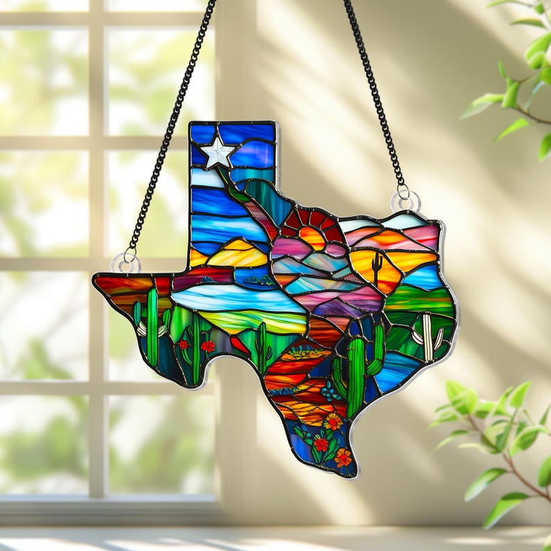 Texas Map Acrylic Suncatcher, Northern Mockingbird & Bluebonnet Window ...