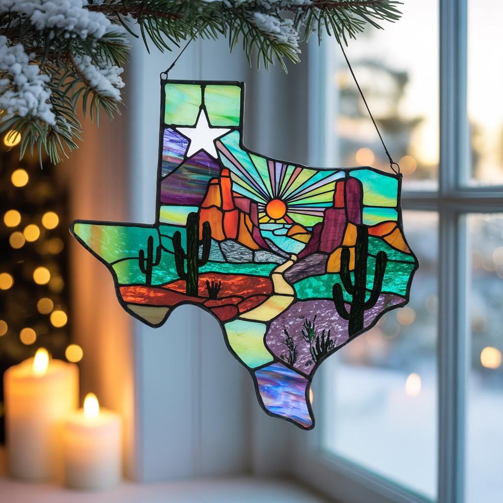 Texas Map Acrylic Suncatcher, Southwestern Window Hanging Decor, Cactus ...