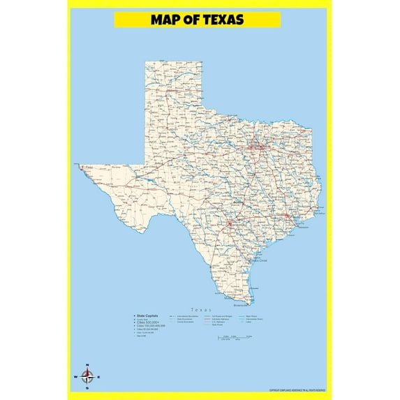 Texas Map Poster - Laminated Wall Map - Style B - 24x36 - Ideal for Classrooms and Homes ...