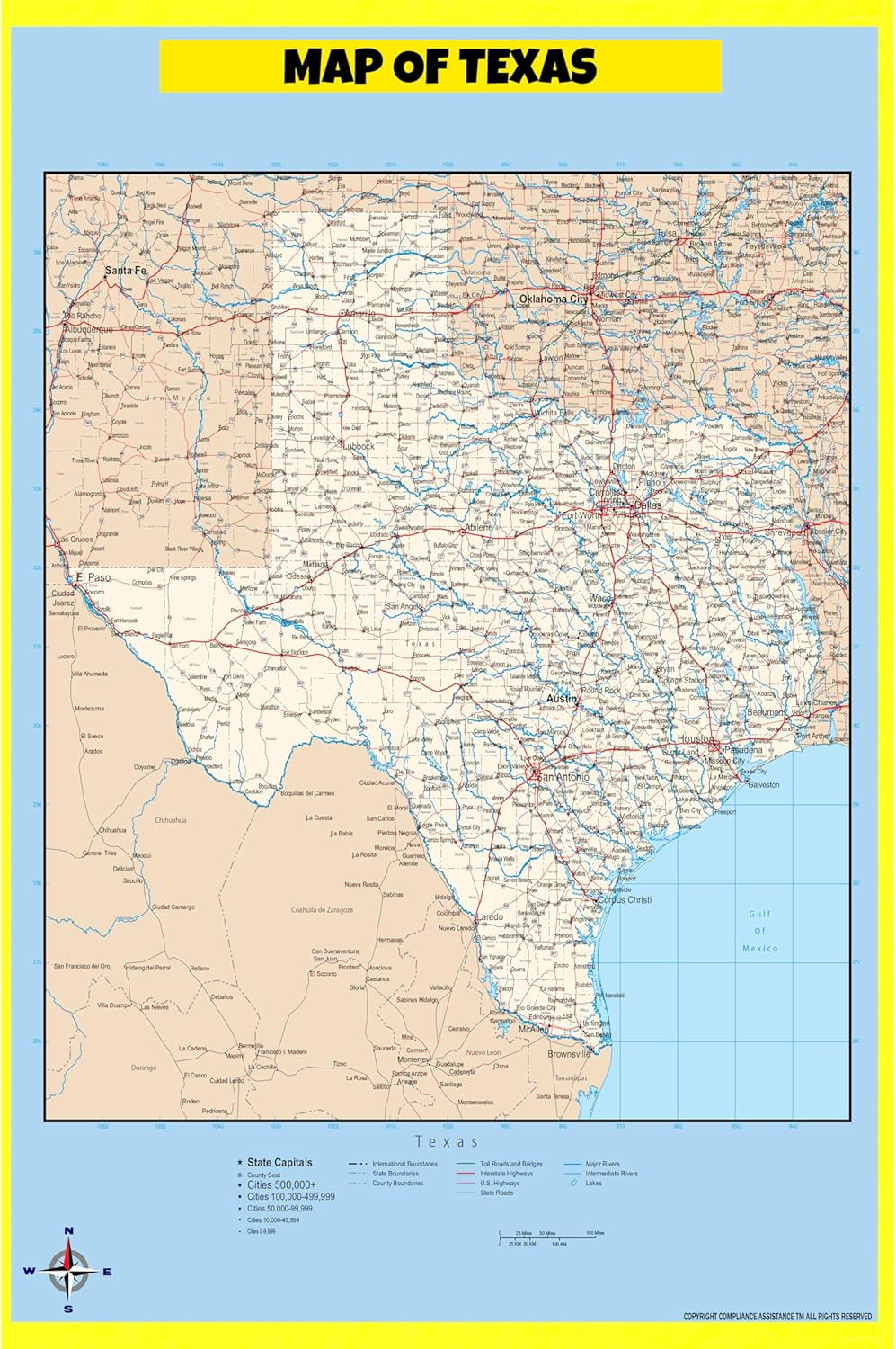 Texas Map Poster - Laminated Wall Map - Style C - 24x36 - Ideal for Classrooms and Homes ...