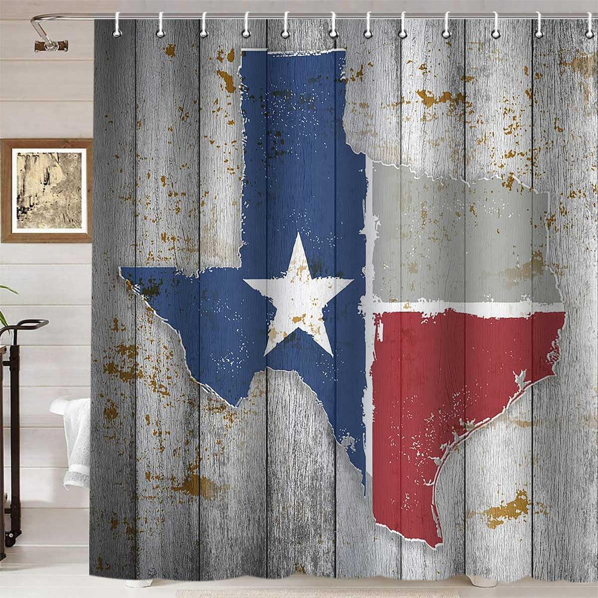 Texas Map Shower Curtain, Western Shower Curtain, Blue Red Texas Star ...