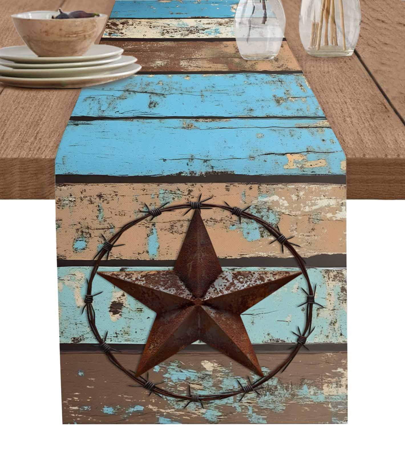 Texas Star Burlap Cotton Table Runner 13x120 Inches Long, Blue Brown ...