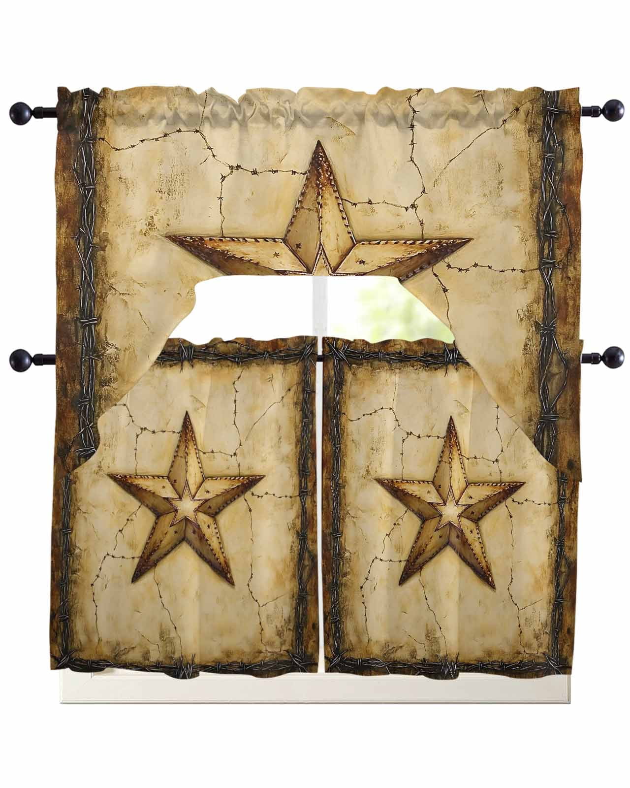 Texas Star Country Kitchen Curtains Set for Windows 3 Piece Cafe ...