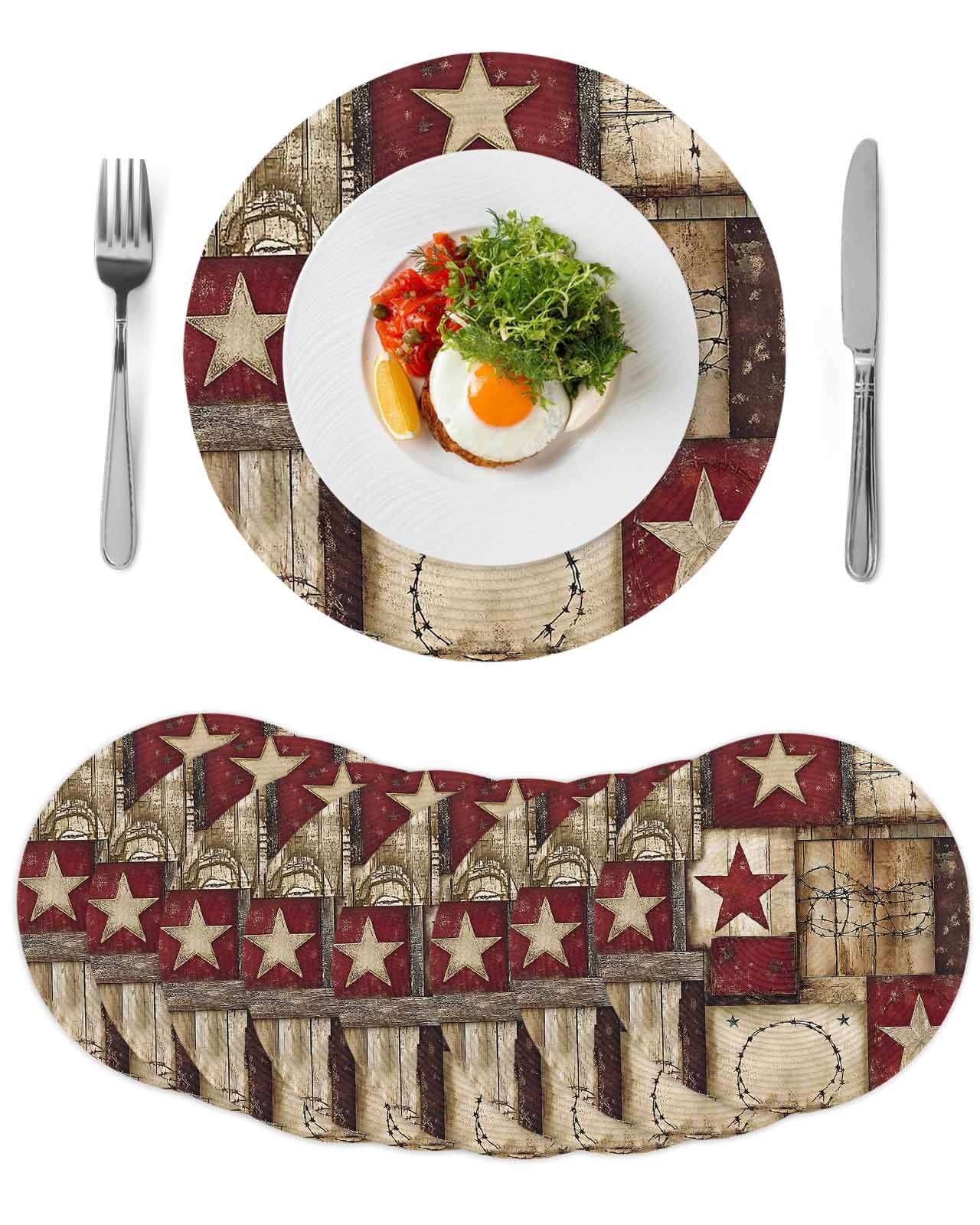 Texas Star Farm Round 15 Inch Placemats Set of 8, Country Wood Grain ...