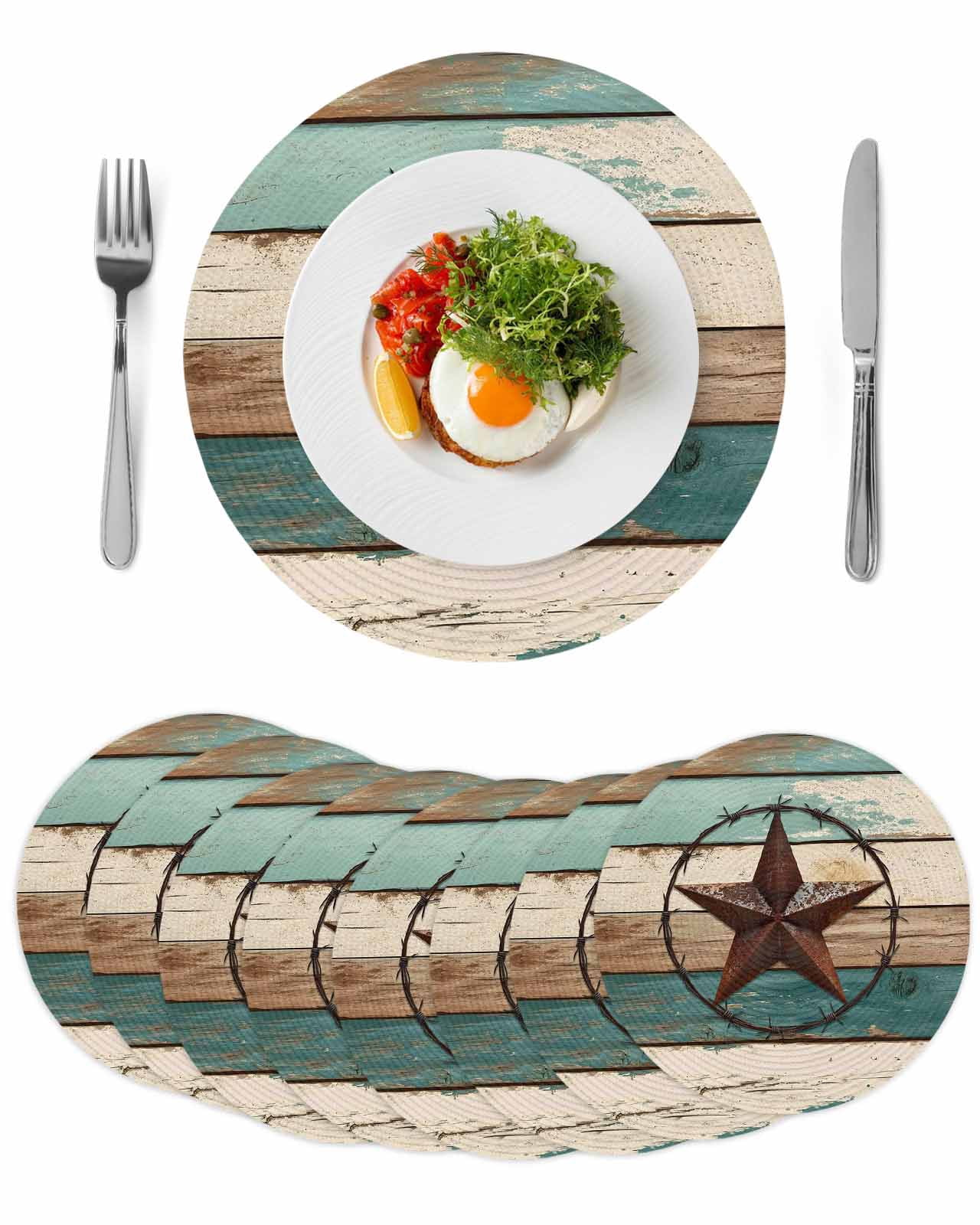 Texas Star Round 13 Inch Placemats Set of 8, Country Teal Brown ...