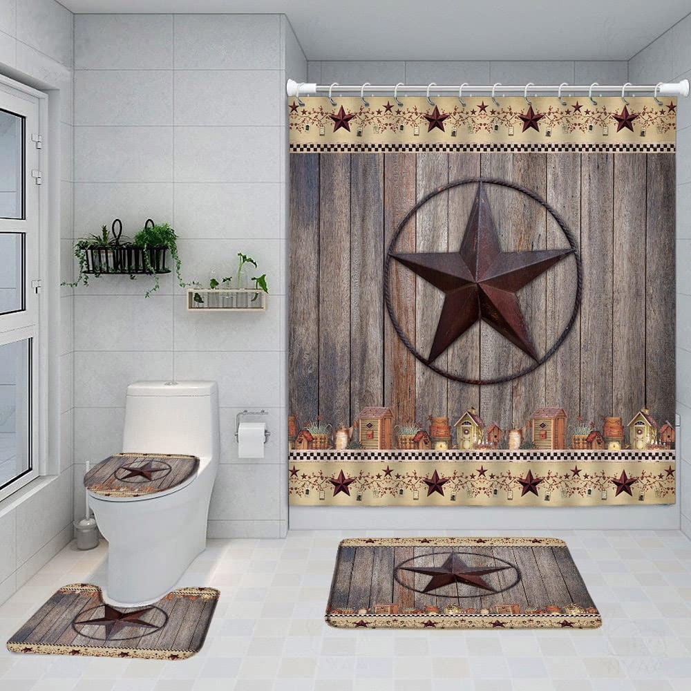 Texas Star Shower Curtain Barn Door Wooden Plank Cow Sunflower Carpet ...