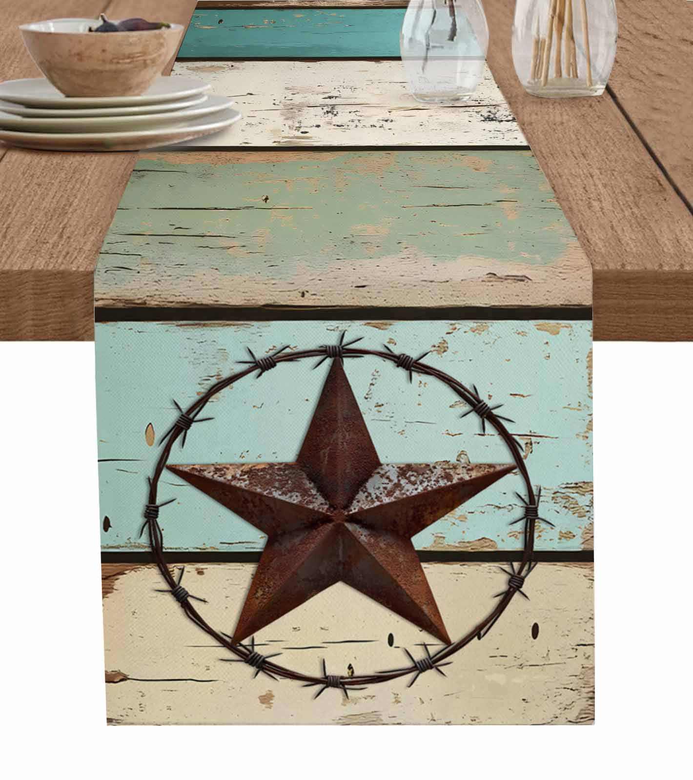 Texas Star Western Table Runner 108 Inches, Vintage Teal Brown Wooden ...